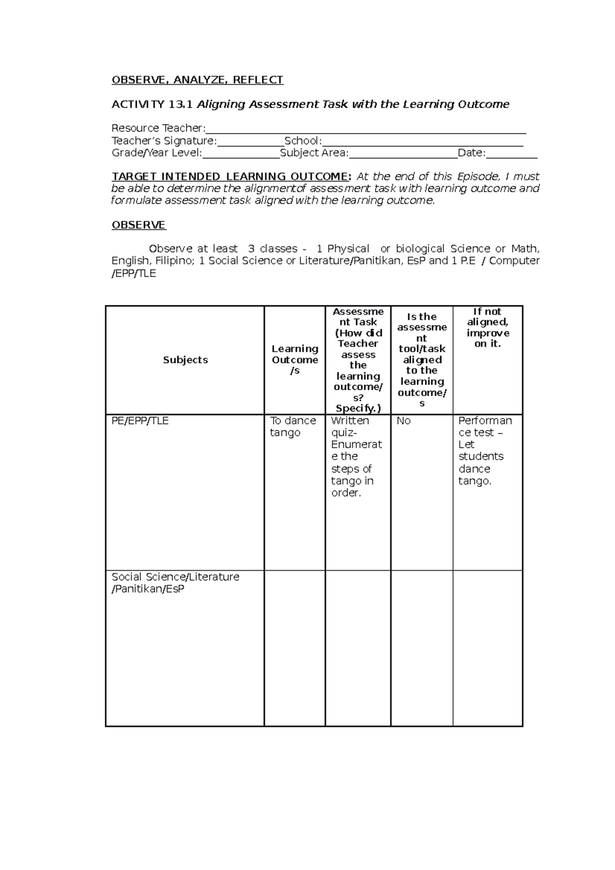 FS1-EP13 goodluck - OBSERVE, ANALYZE, REFLECT ACTIVITY 13 Aligning ...