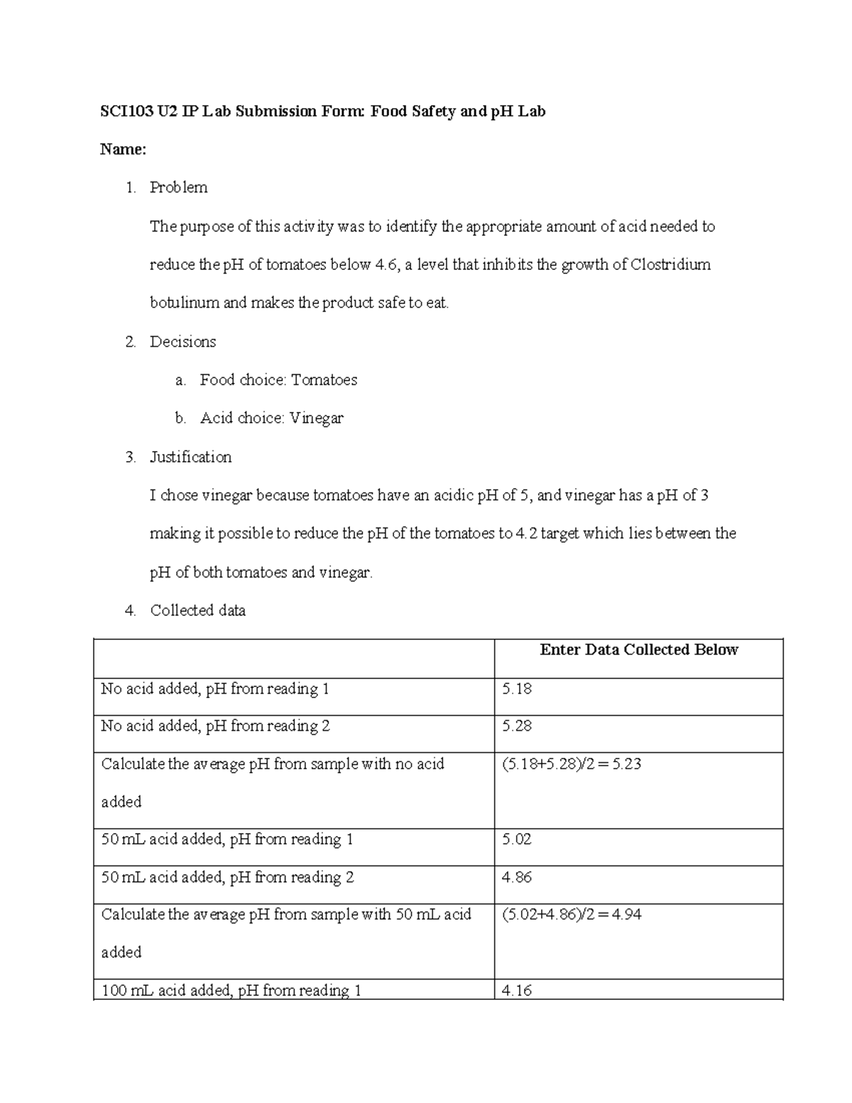 SCI103 U2 IP Lab: Food Safety & pH Analysis of Tomatoes - Studocu