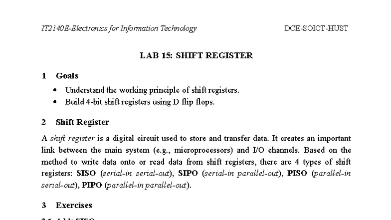 IT LAB 15: Shift Register Principles & Implementation Guide - Studocu
