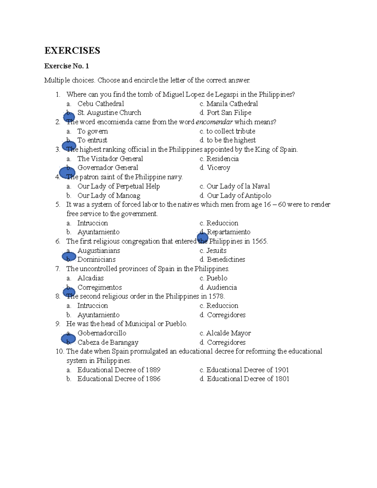 Chapter 4 Exercises 1,2,3 - EXERCISES Exercise No. 1 Multiple choices ...