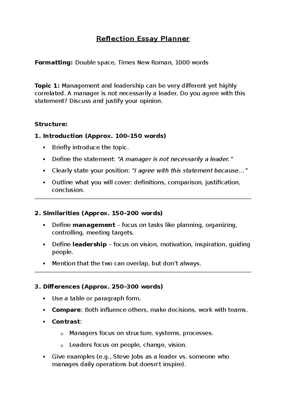 Reflection Essay Planner: Management vs. Leadership Analysis - Studocu