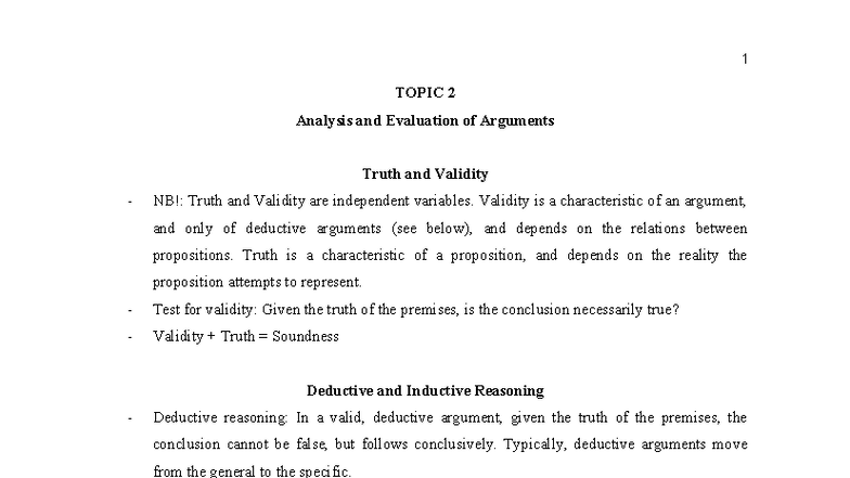 Logic notes - Topic 2 - 1 TOPIC 2 Analysis and Evaluation of Arguments ...