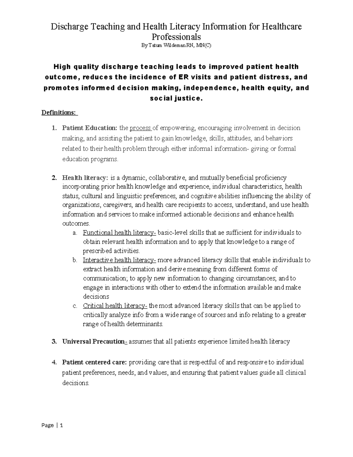 Discharge Teaching & Health Literacy for Healthcare Professionals (NURS ...