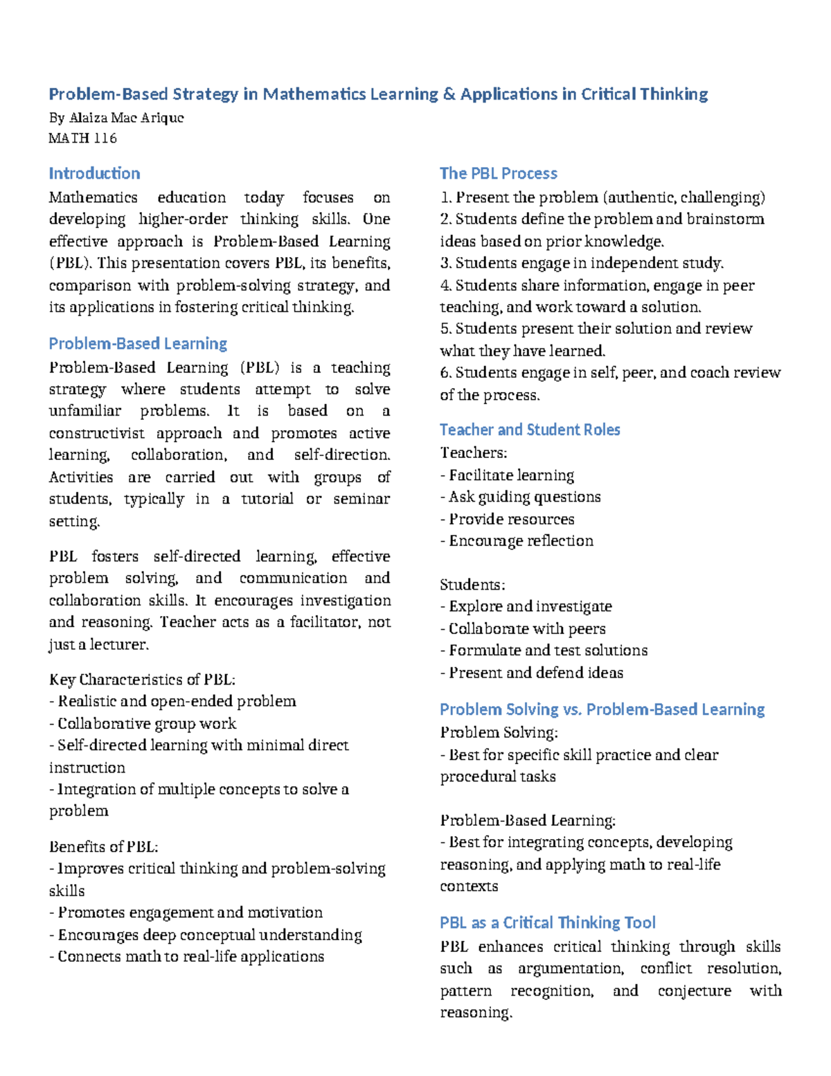 MATH 116 PBL Handout: Enhancing Critical Thinking in Math Learning ...