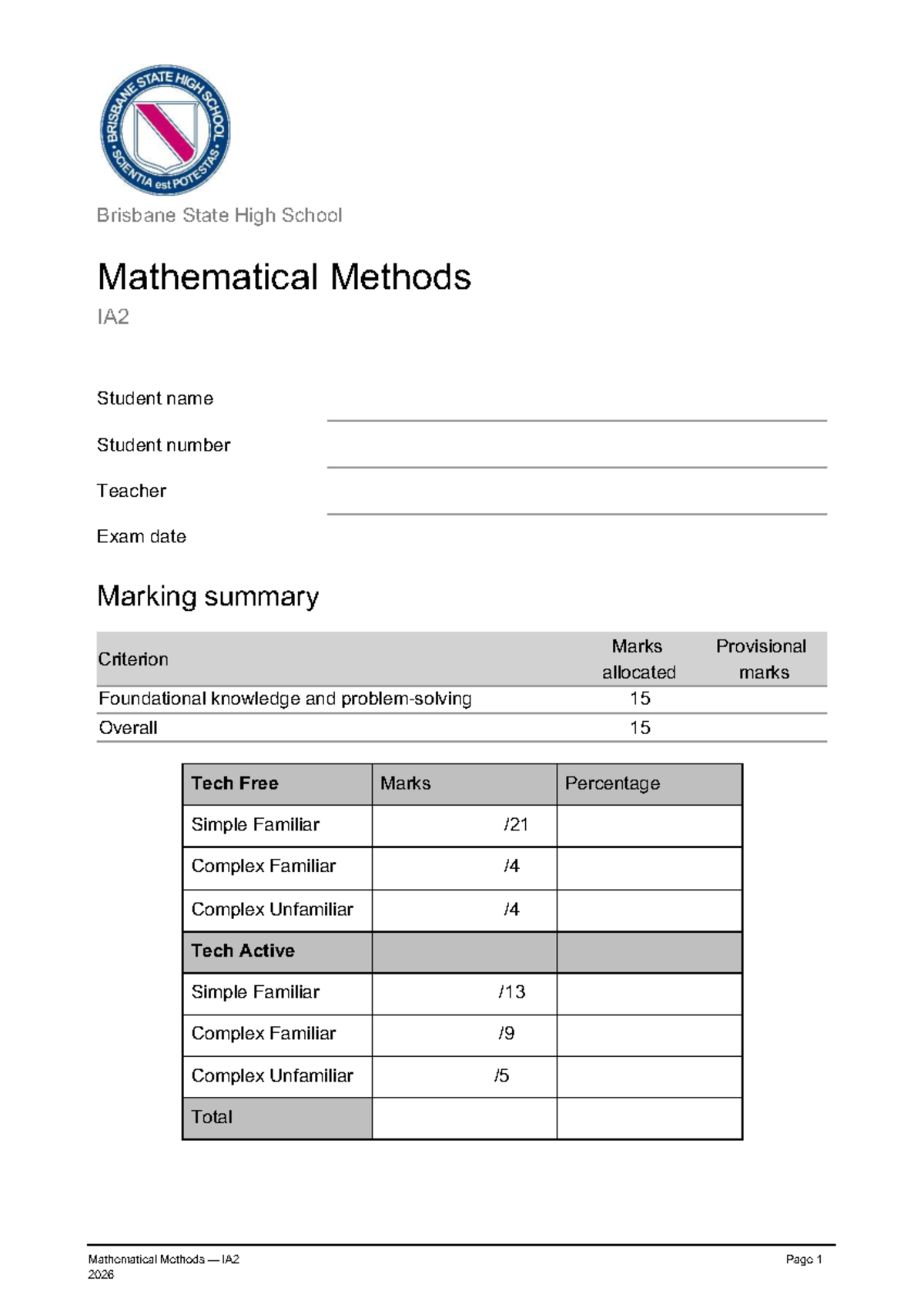 Mathematical Methods IA2 2026 Practice Exam Summary and Solutions - Studocu