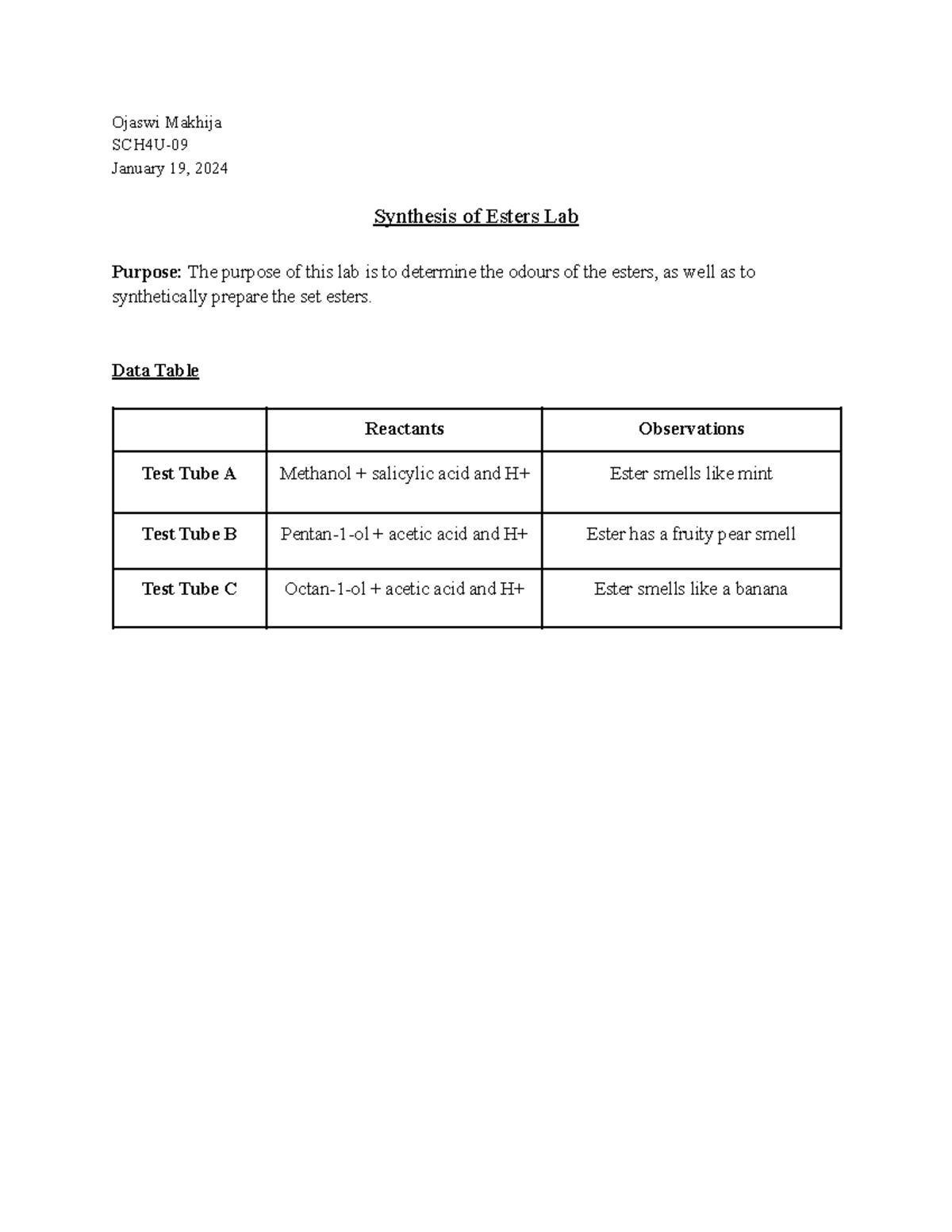 SCH4U Synthesis of Esters Lab - Ojaswi Makhija Analysis & Observations ...