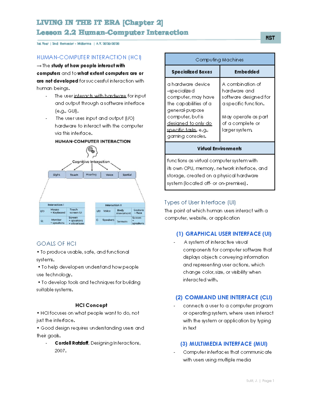 LIVING IN THE IT ERA: HCI Lesson 2.2 Interaction Midterm A.Y. 1st Year ...