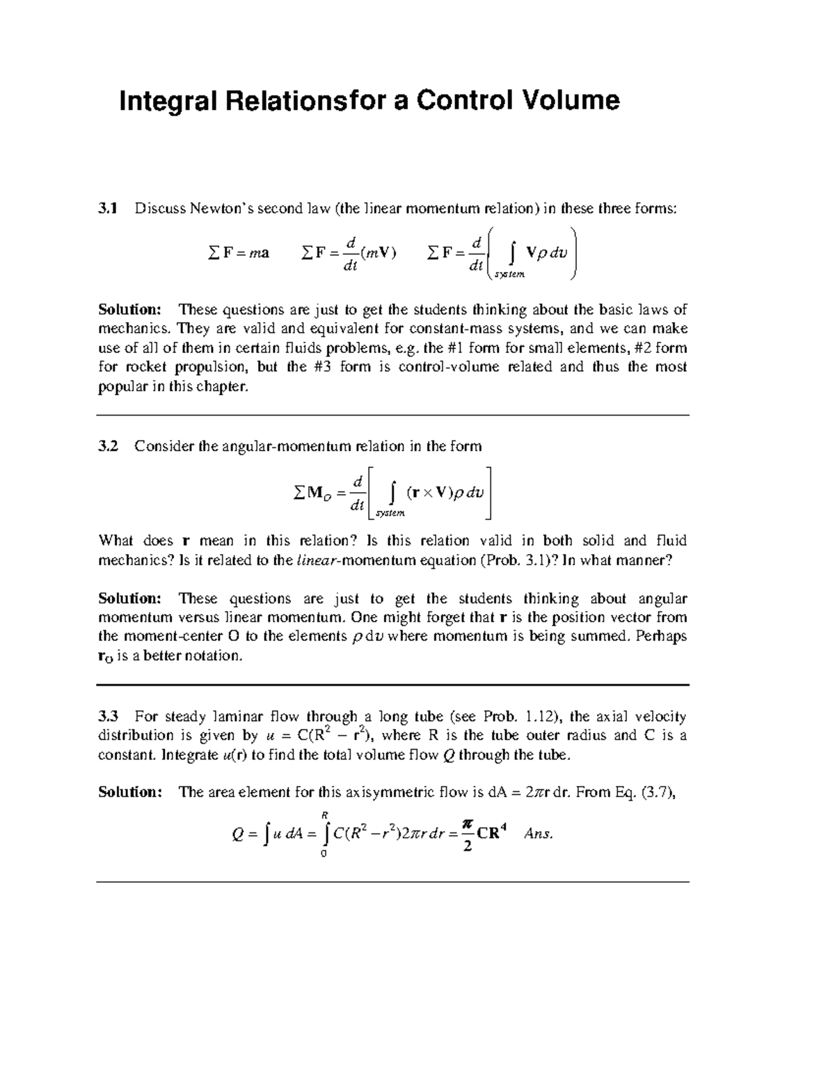 Integral Relations for Control Volume - Fluid Mechanics (Chapter 3 ...