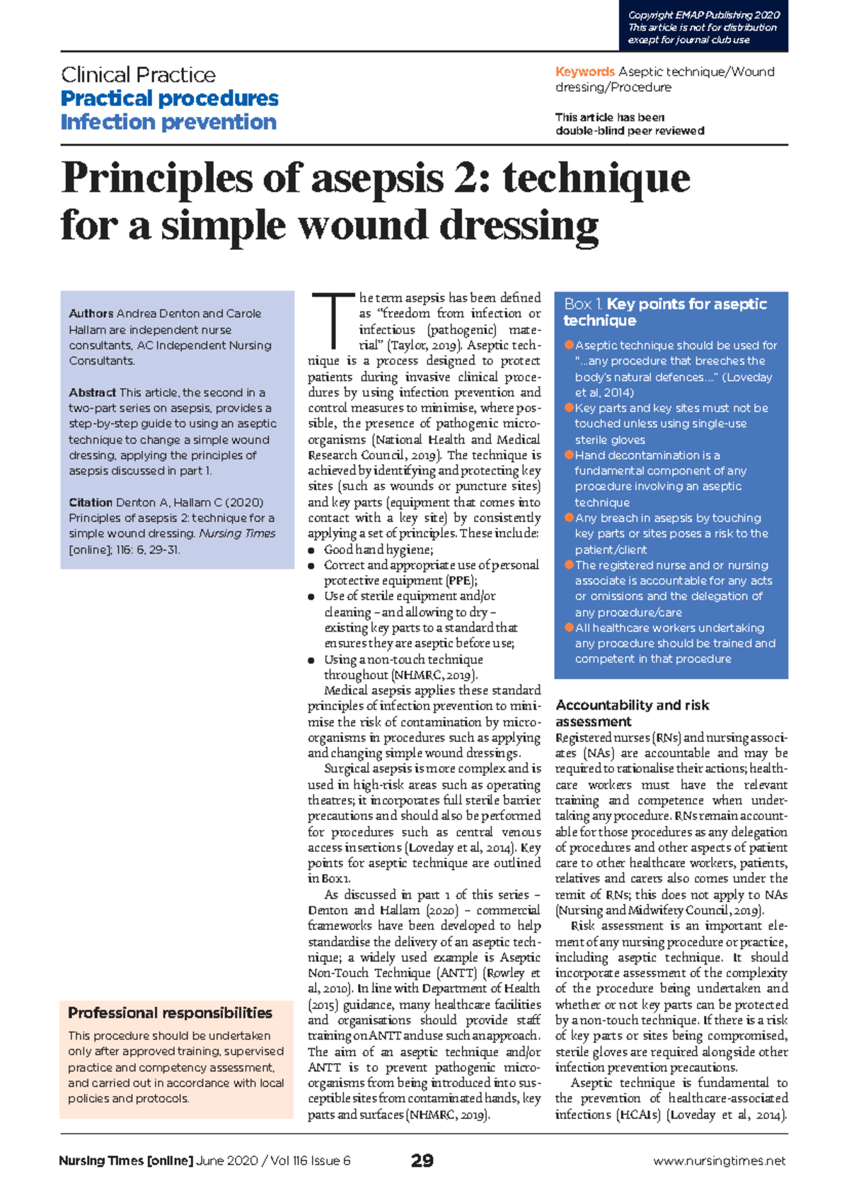 Nursing Times 2020: Principles of Asepsis 2 for Wound Dressing - Studocu