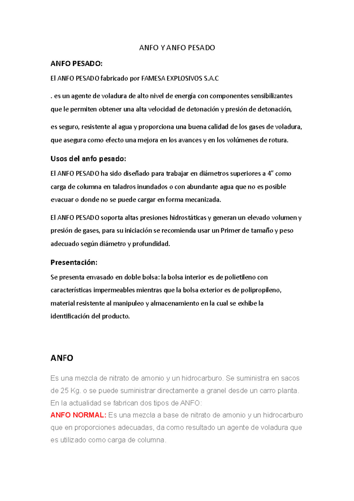 ANFO y ANFO Pesado: Características y Usos - Notas Detalladas - Studocu