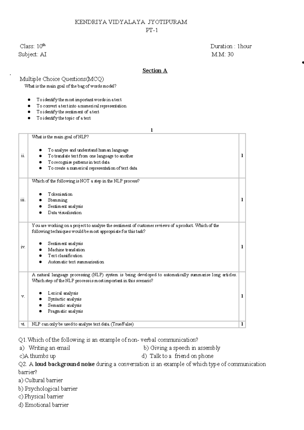PT AI 10 - Class 10 AI MCQ & Short Answer Questions - Studocu