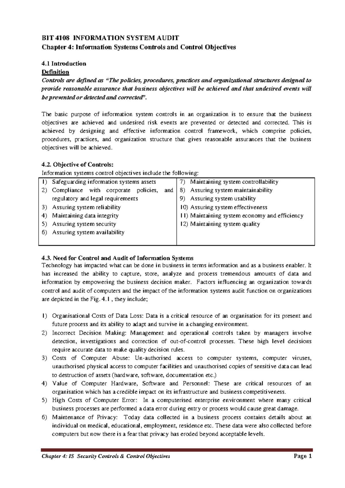 BIT 4108 Chapter 4 - Information Systems Controls & Objectives Analysis - Studocu