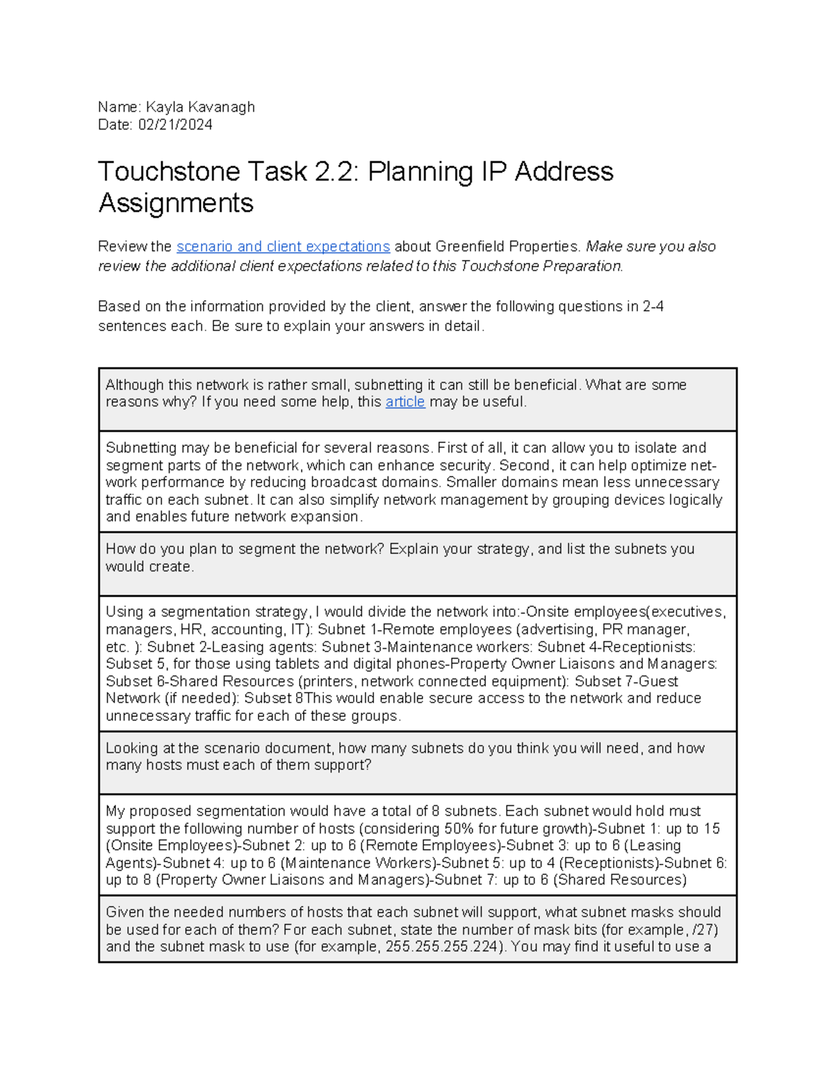 Touchstone Task 2.2: IP Address Assignment Planning & Strategy Analysis ...