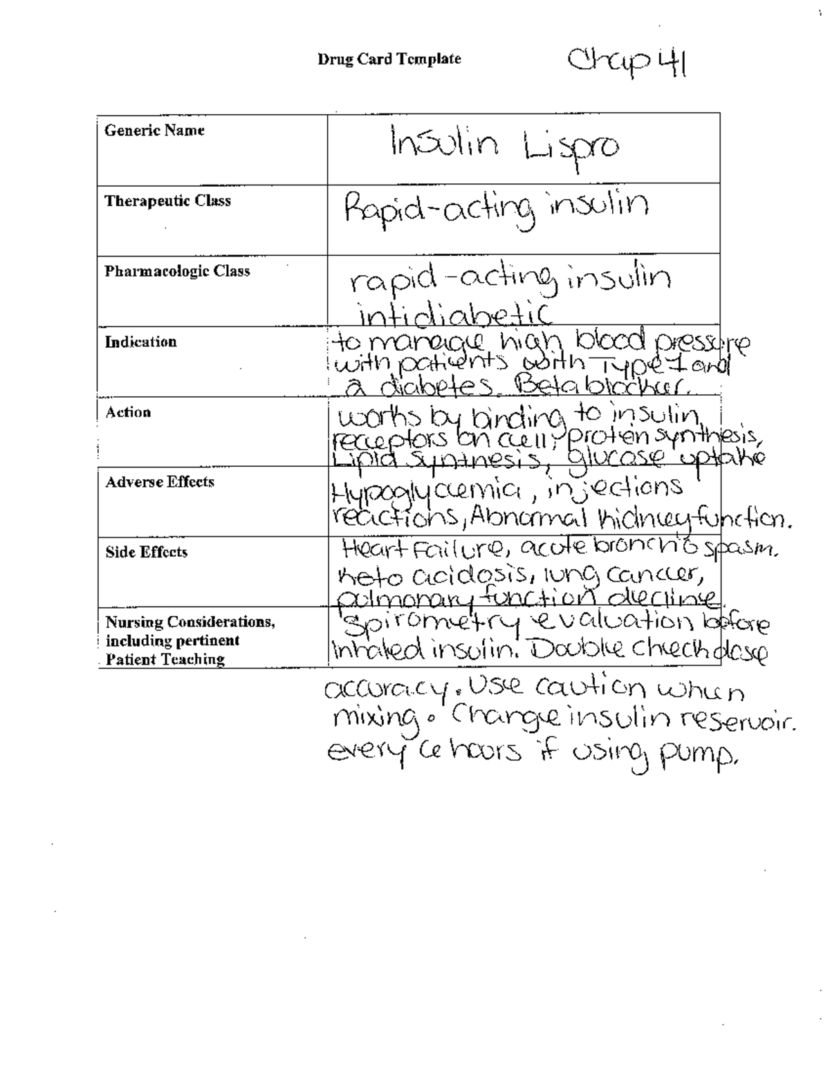 Drug Card Template: Insulin Lispro (Chap 41) - Key Info ...
