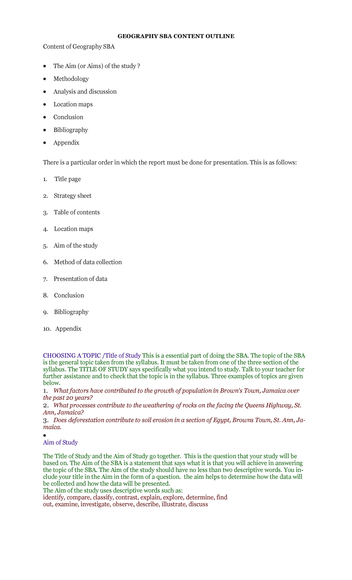 Geography SBA Content Outline and Methodology Guidelines - Studocu