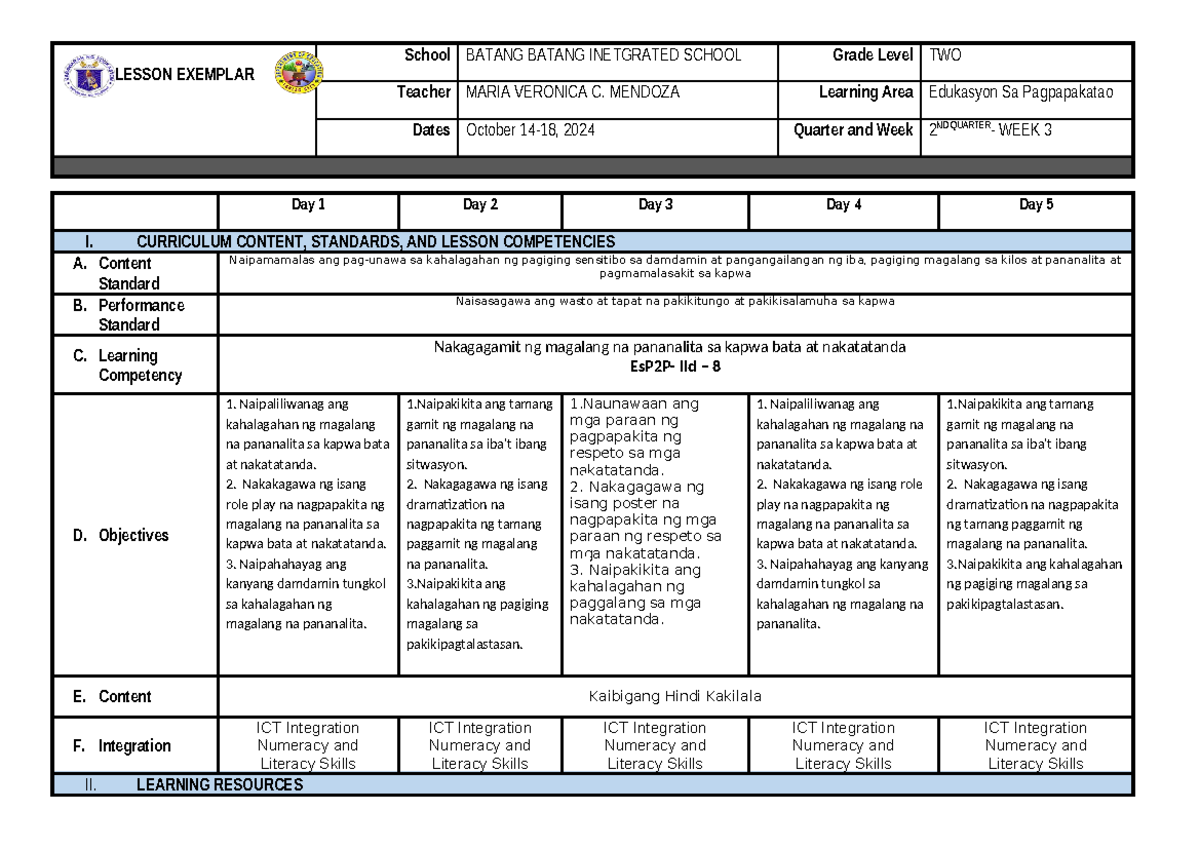 LE ESP2 Q2 W8-2 - Lesson plan - LESSON EXEMPLAR School BATANG BATANG ...