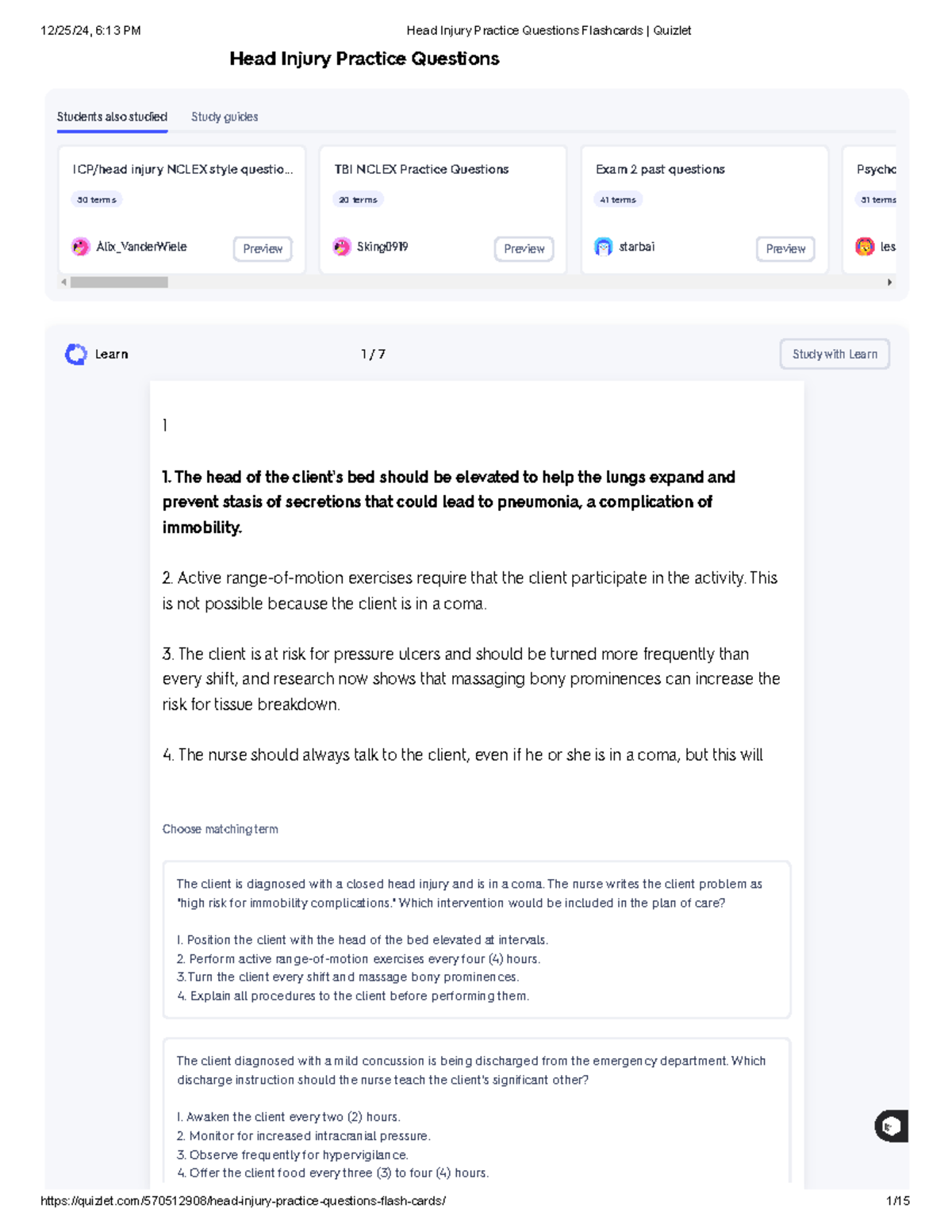 Head Injury NCLEX Style Practice Questions Flashcards (Quizlet) - Studocu