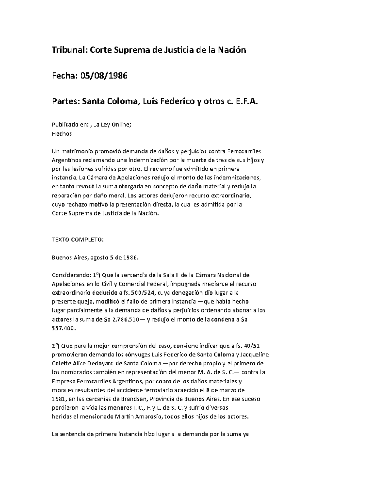 Corte Suprema: Fallo Santa Coloma - Caso de Indemnización por Daños ...