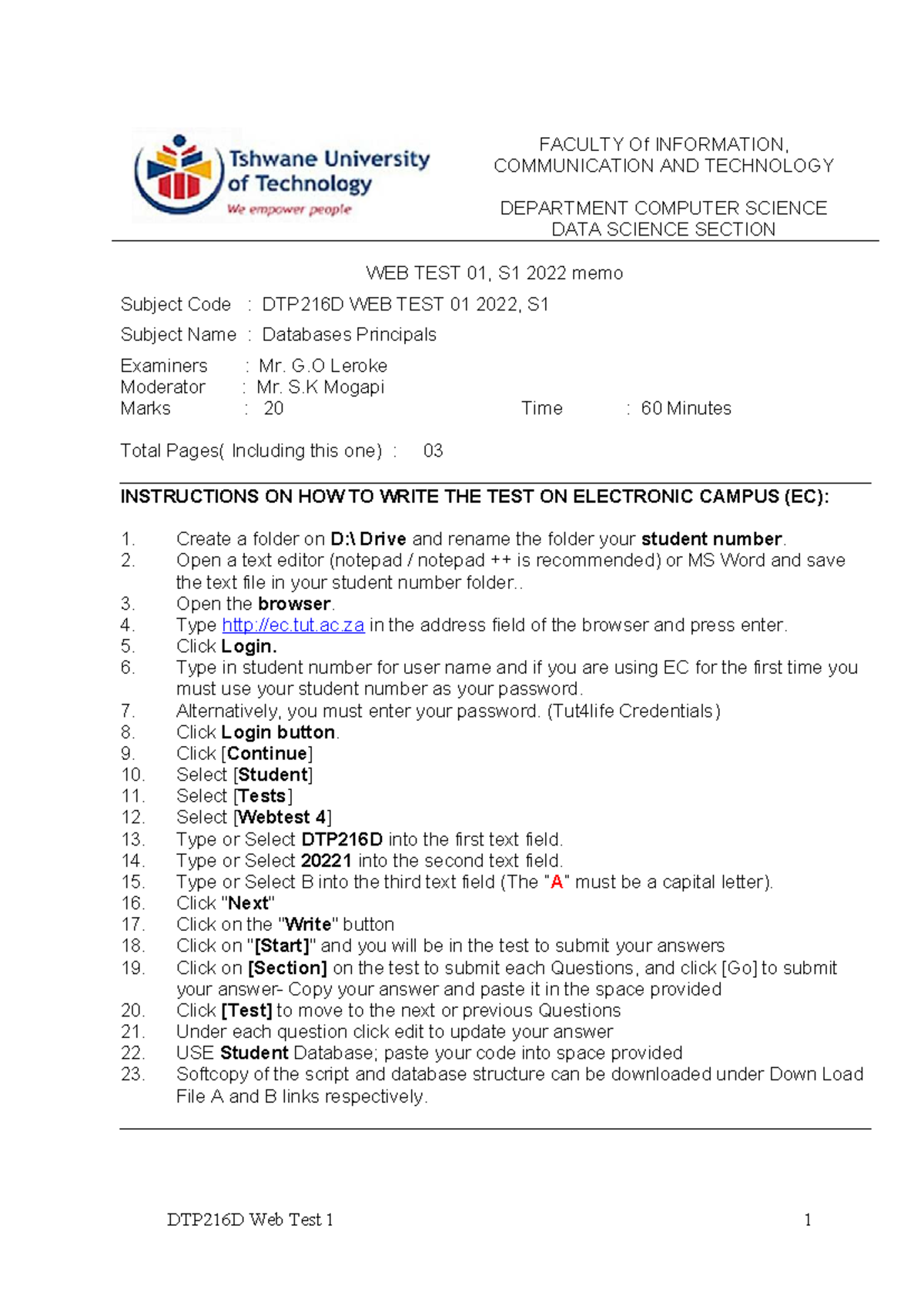 DTP216D Web Test 01 Memo - Data Science Section S1 2022 - Studocu