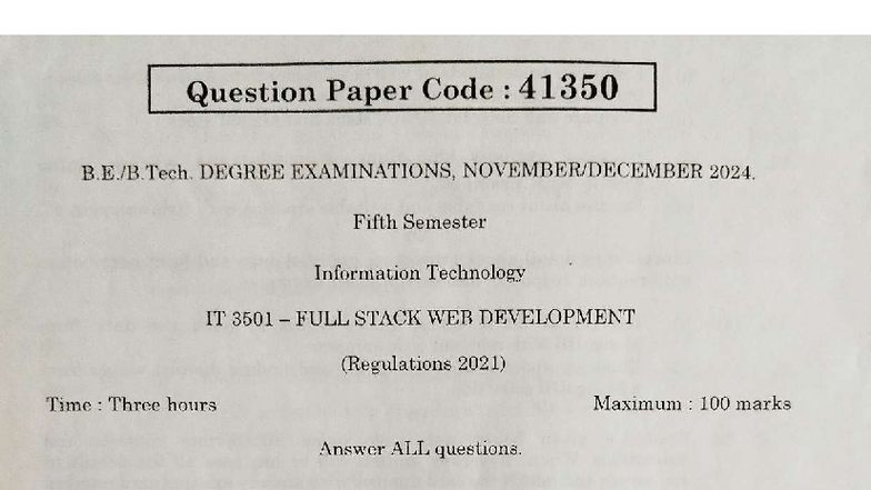 IT 3501 - Full Stack Web Development Exam Questions & Answers 2024 ...