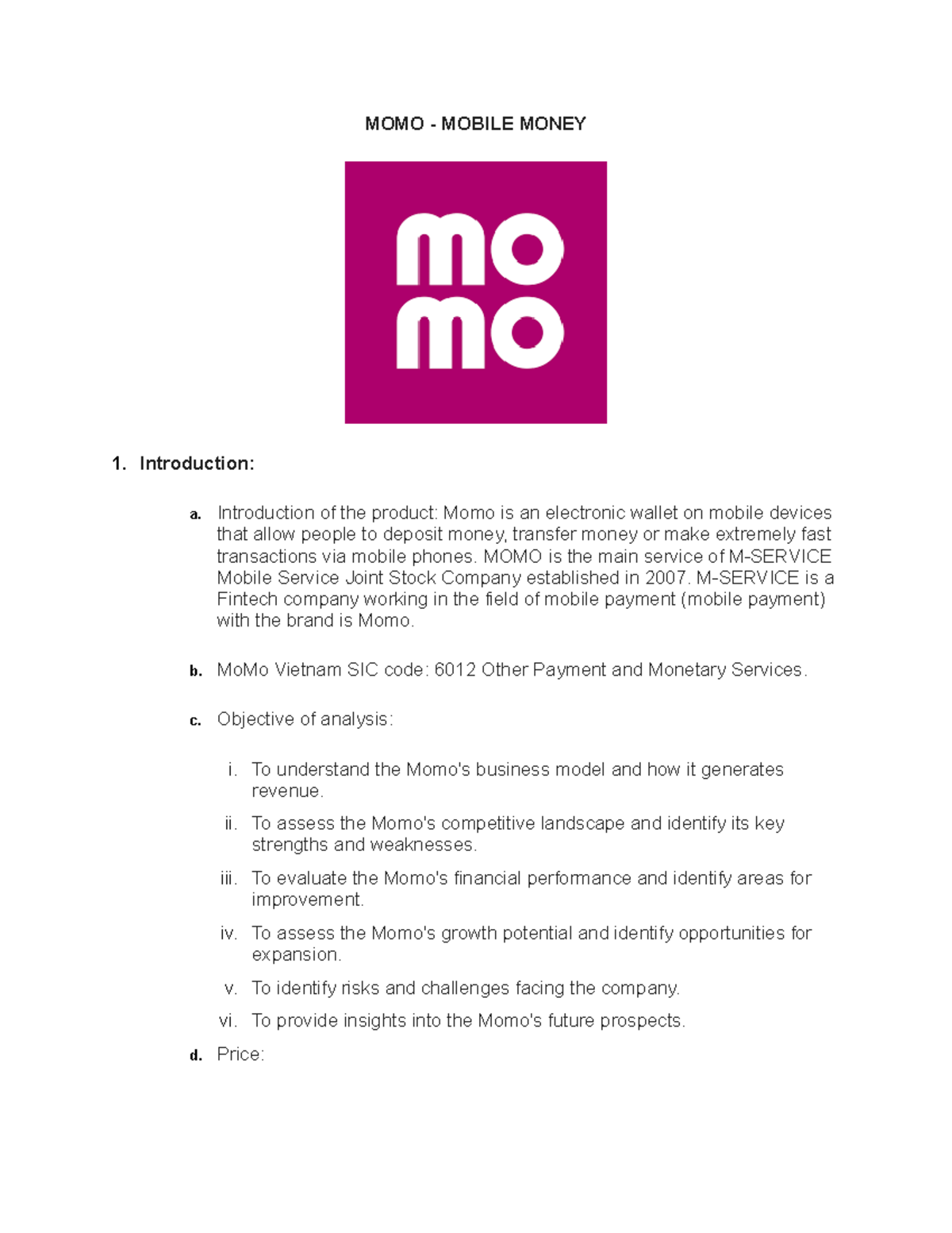 MOMO - Bài tập cá nhân kiểm tra giữa kì. - MOMO - MOBILE MONEY 1 ...