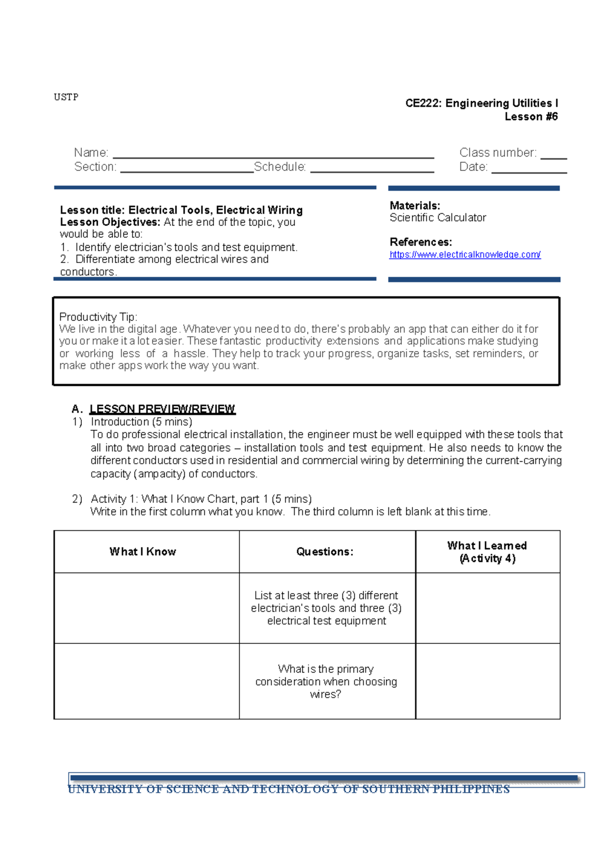 USTP Engineering Utilities I: Electrical Tools & Wiring Overview - Studocu