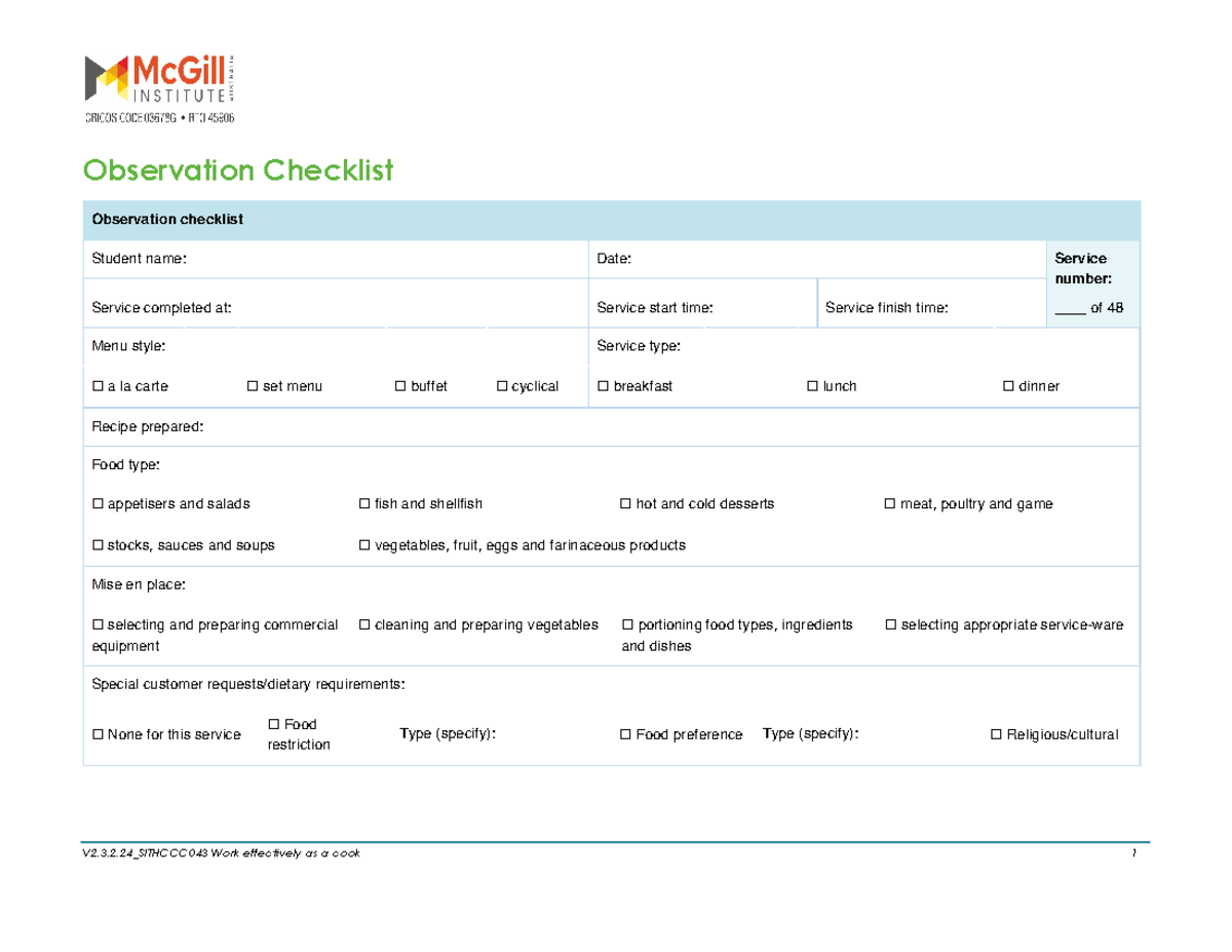 SITHCCC 043 Observation Checklist for Work as a Cook - Studocu