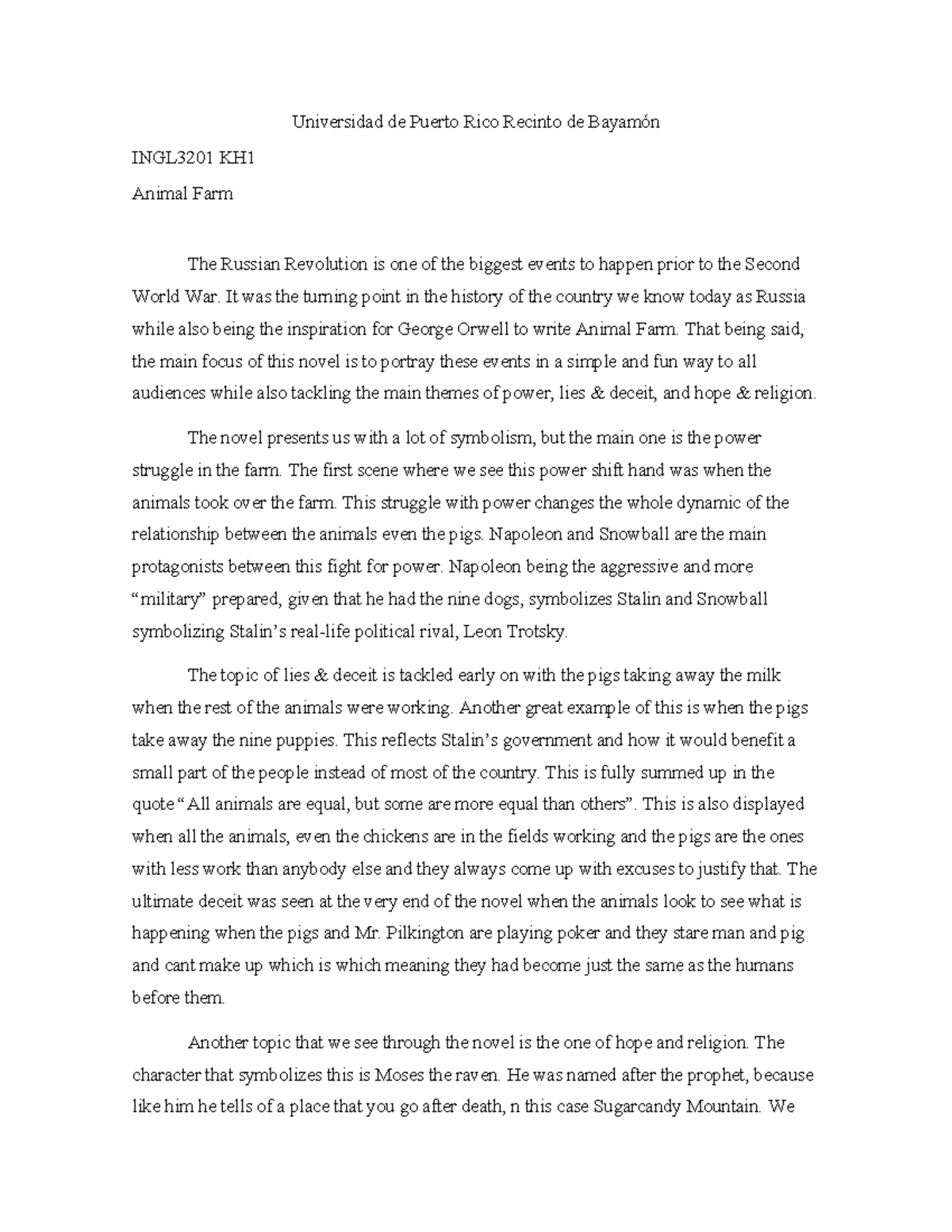 INGL3201 KH Essay Notes: Analysis of "Animal Farm" and Its Themes - Studocu