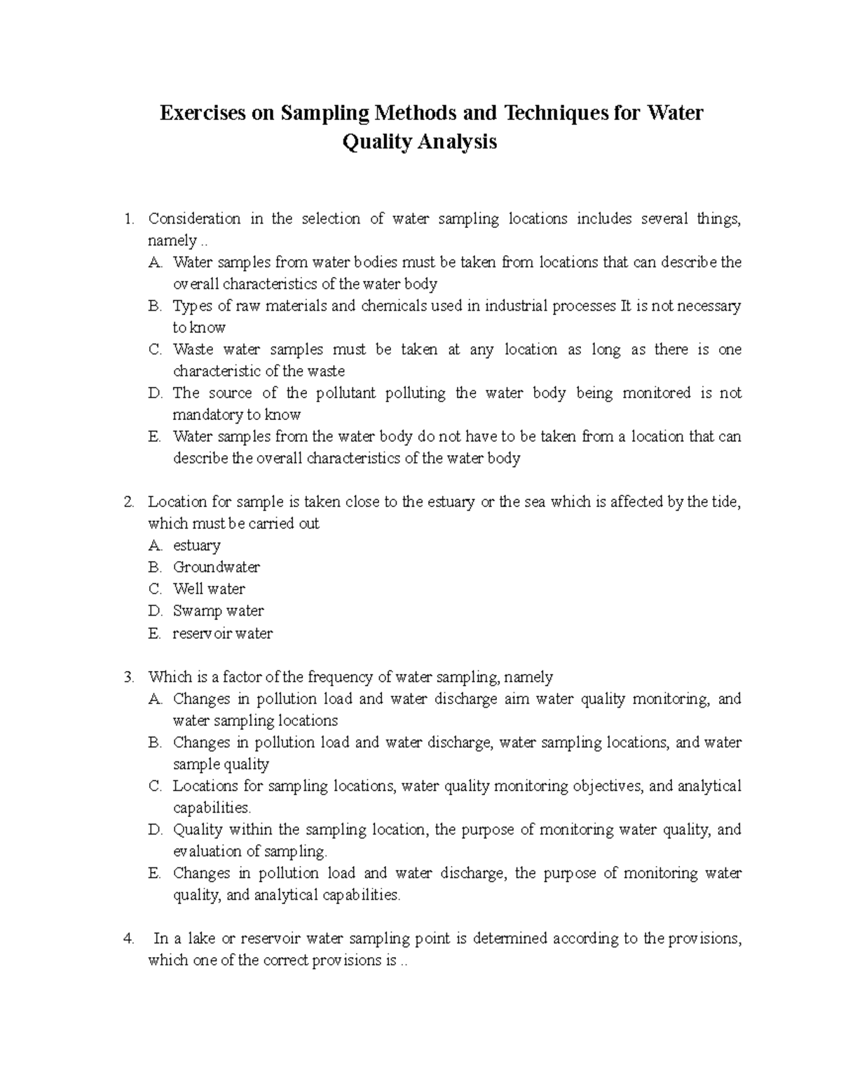 Sampling Methods and Techniques Exercise for Water Quality Analysis ...