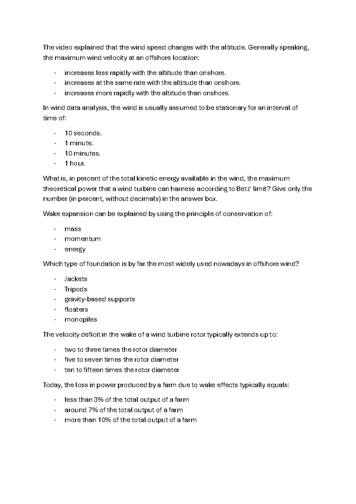 Quiz Questions on Wind Speed and Turbine Efficiency (ENG 101) - Studeersnel