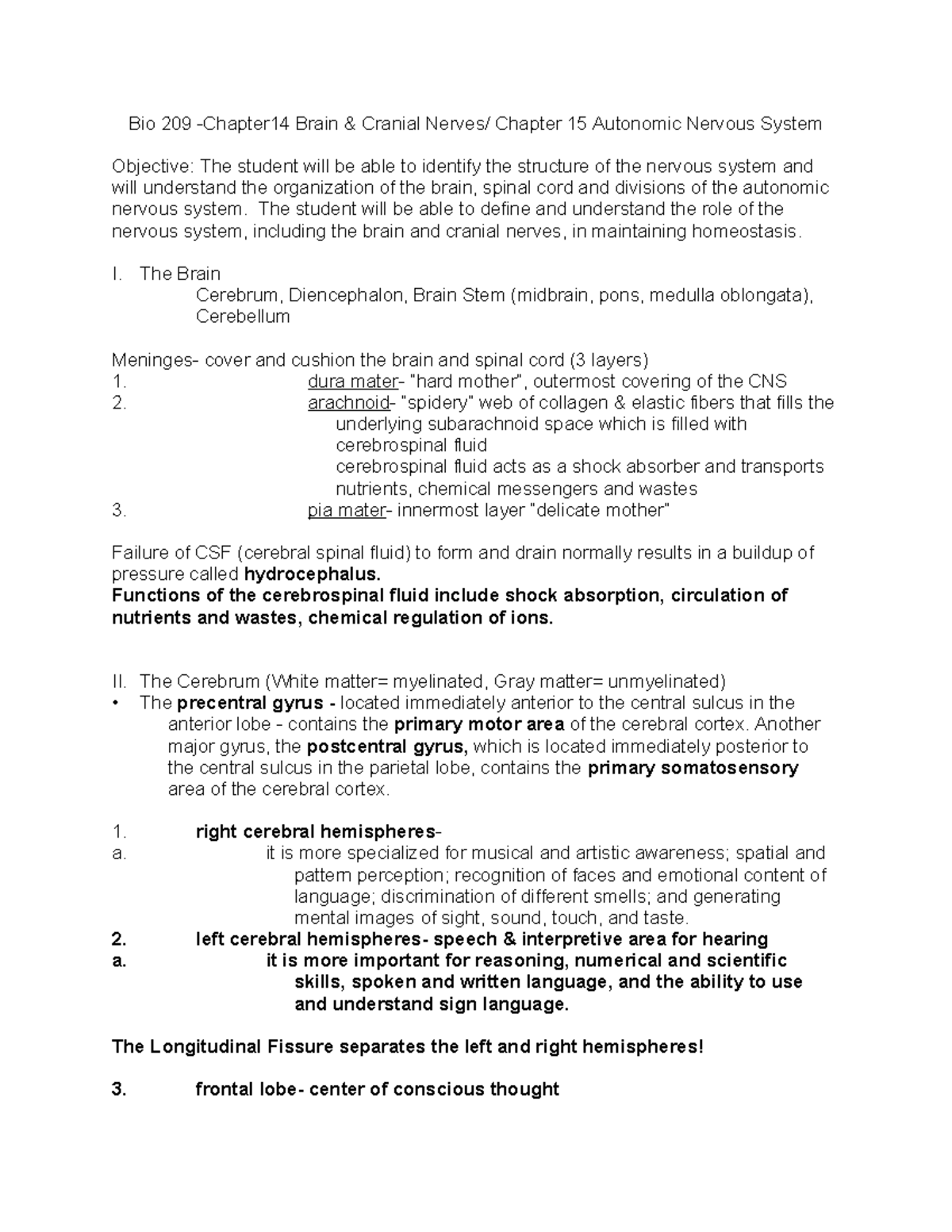 Bio 209 - Chapter 14 & 15: Brain, Cranial Nerves & Autonomic System - Bio 209 -Chapter14 Brain ...