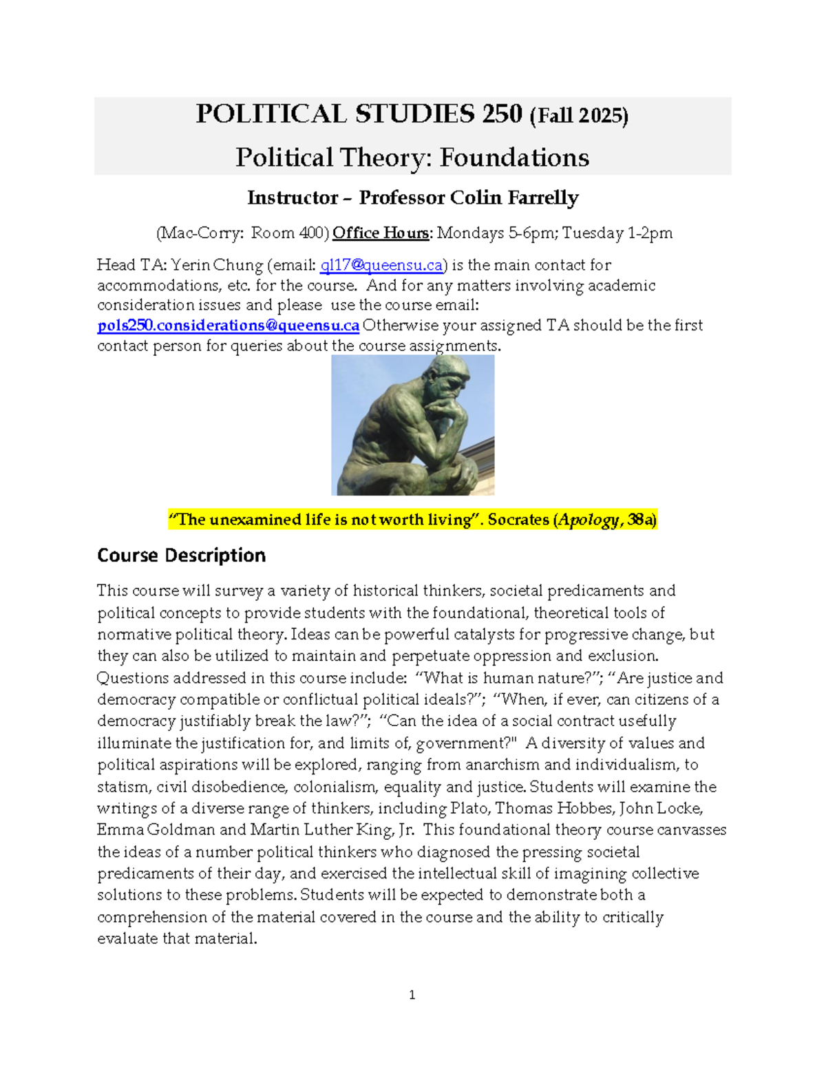 POLS 250 Political Theory: Foundations Course Outline (Fall 2025) - Studocu