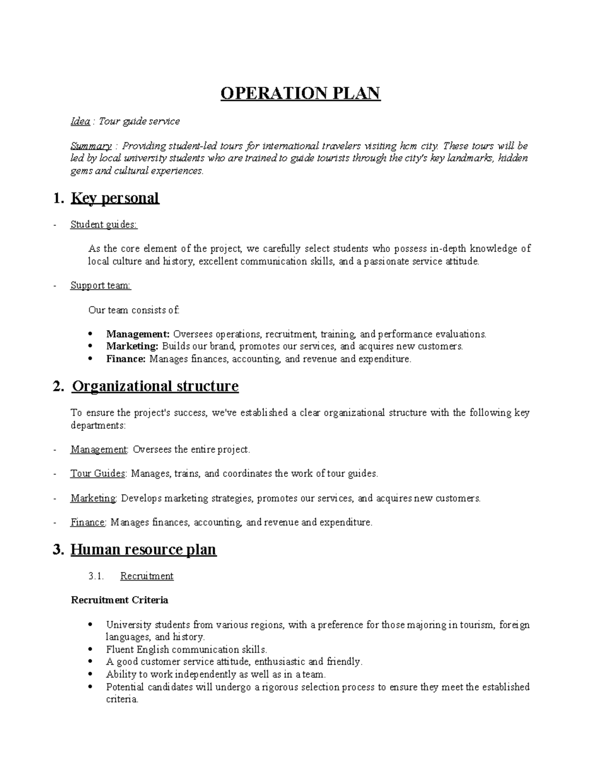 Operational Plan for Tour Guide Service Project - Studocu