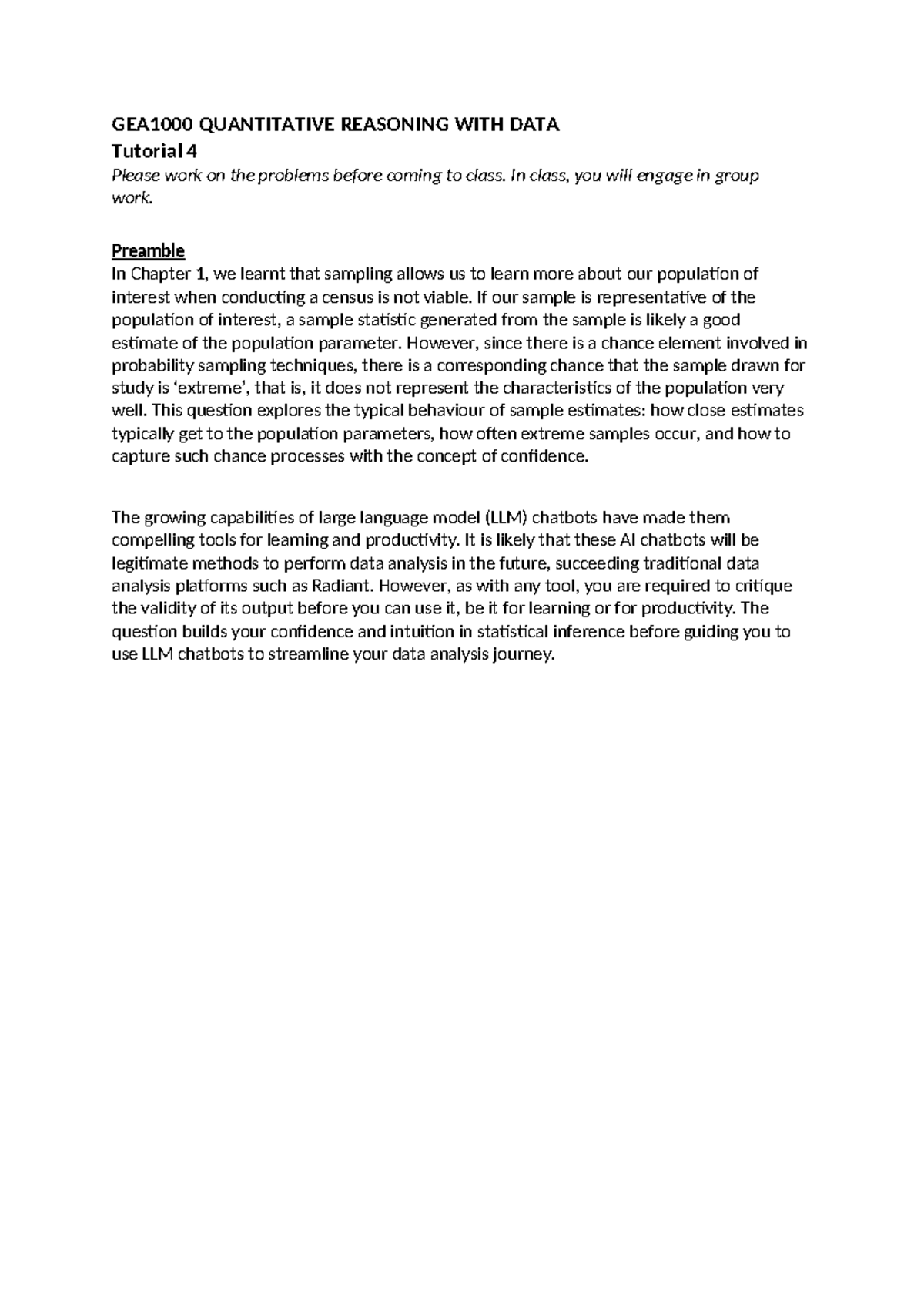 QUANTITATIVE REASONING WITH DATA Tutorial 4: Confidence Intervals and Sampling - Studocu