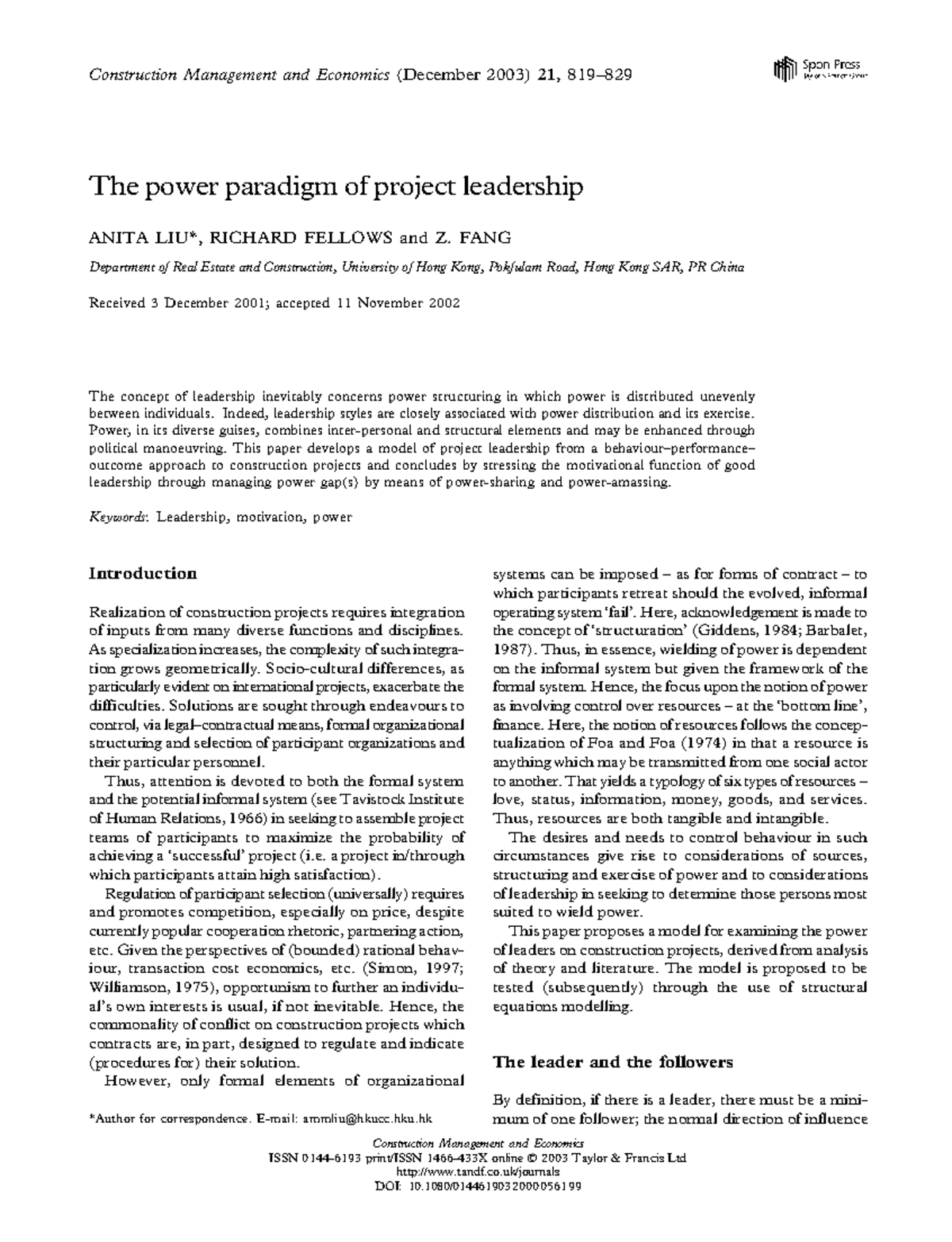 The power paradigm of project leadership - co/journals DOI: 10/ *Author ...