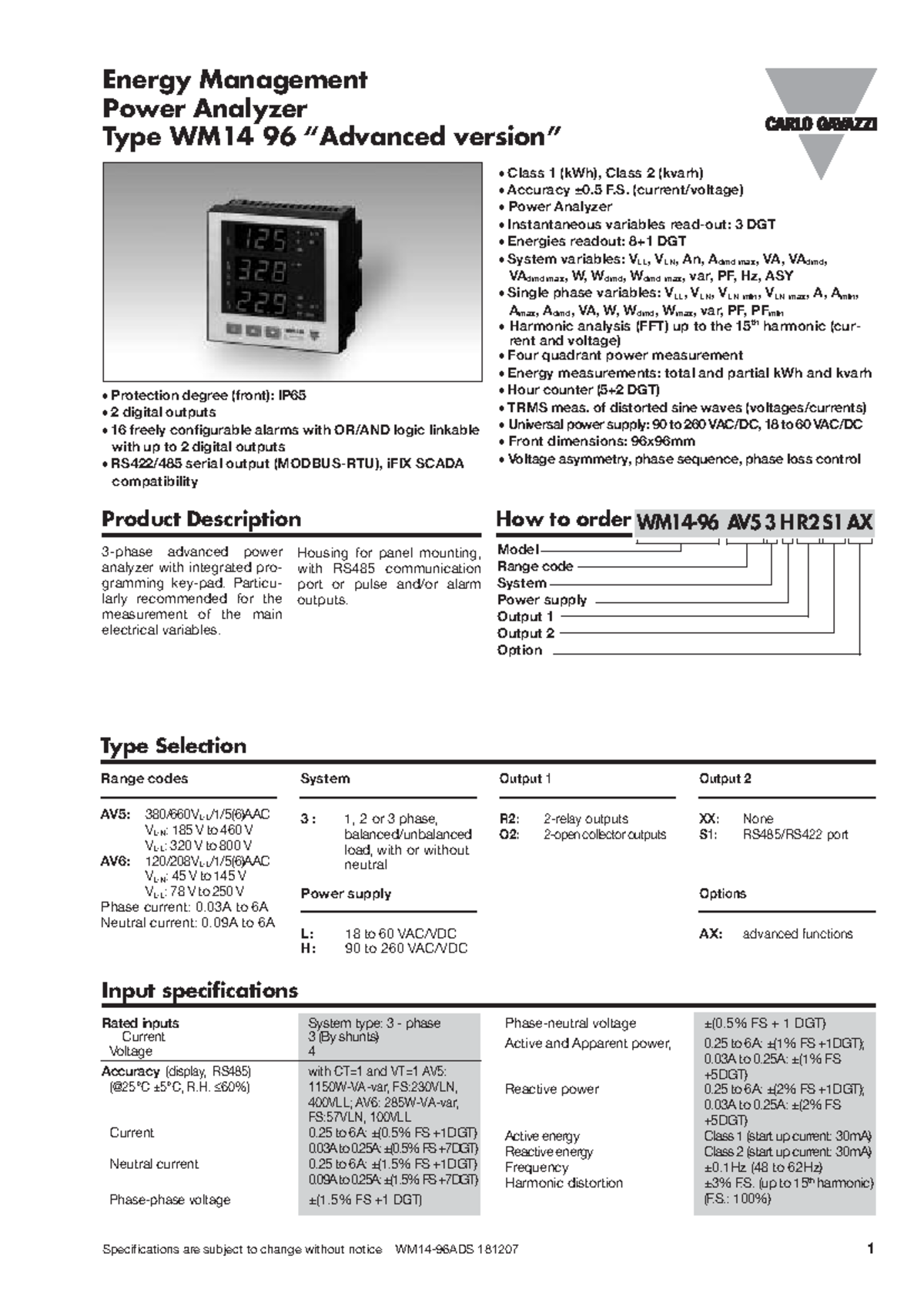 WM14-96 Advance Datasheet - Class 1 (kWh), Class 2 (kvarh) Accuracy ±0 ...