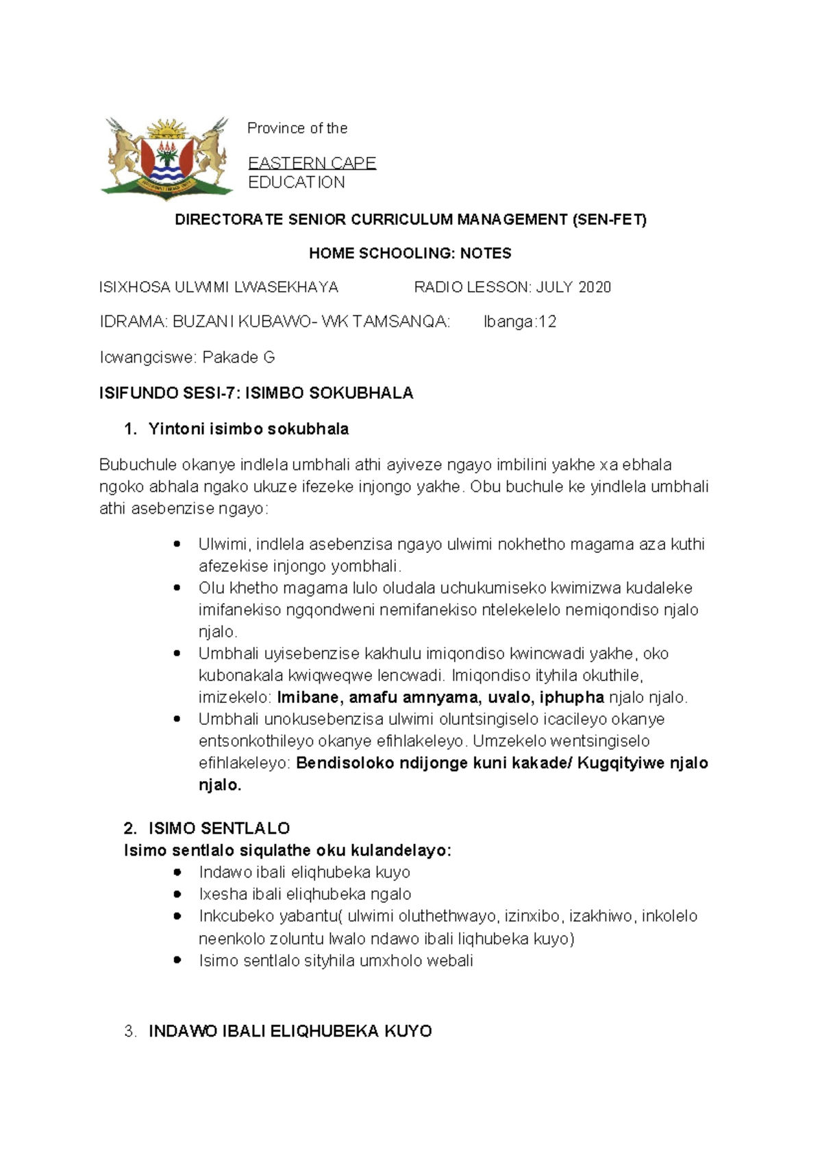 Isixhosa HL Grade 12 Drama Notes: Buzani Kubawo Lesson 7 - Studocu