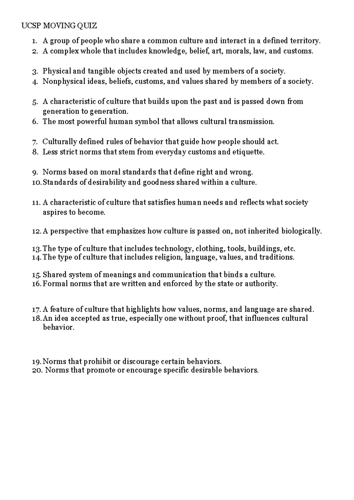 UCSP MOVING QUIZ 1 - Cultural Concepts and Definitions - Studocu