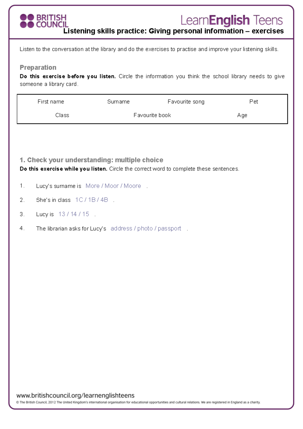 Listening Skills Practice: Giving Personal Info - Exercises 3 - Studocu