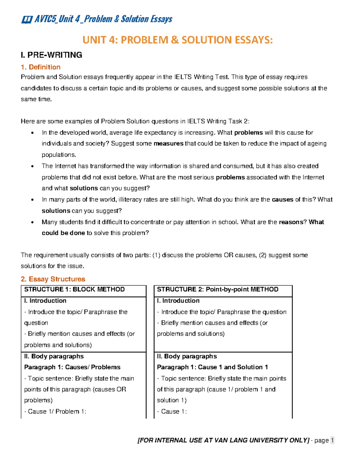 AVTC5_Unit 4_Problem Solution Essays Guide for IELTS Writing - Studocu