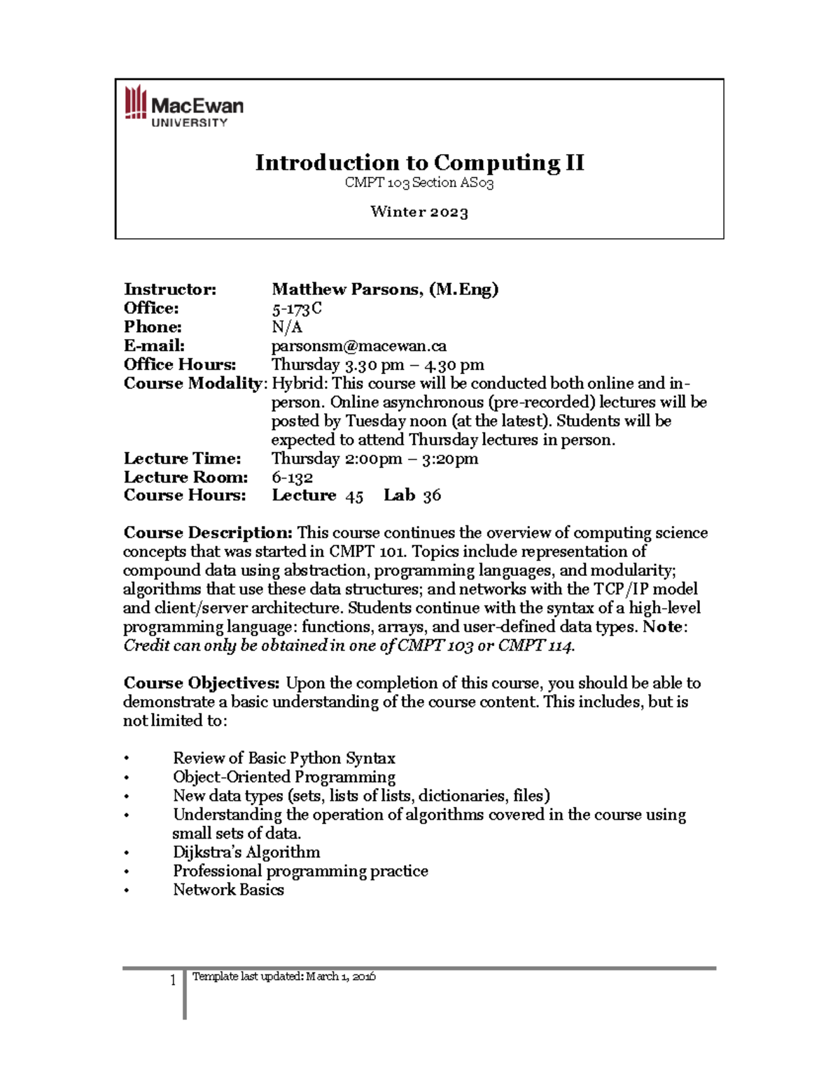 CMPT 103 AS03 Winter 2023 Syllabus - Introduction to Computing II CMPT ...