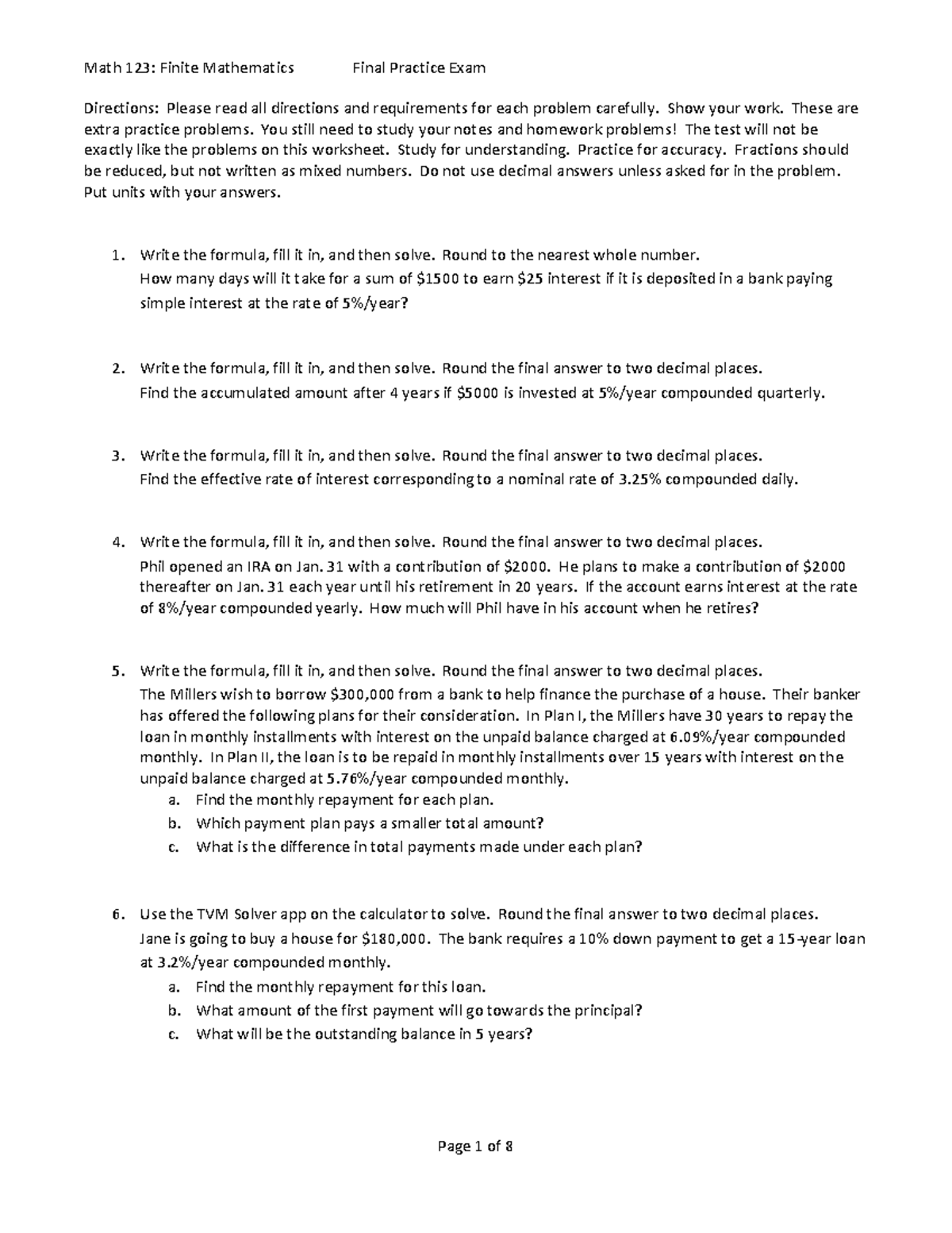 Math 123 Final Exam Practice Problems and Solutions - Studocu