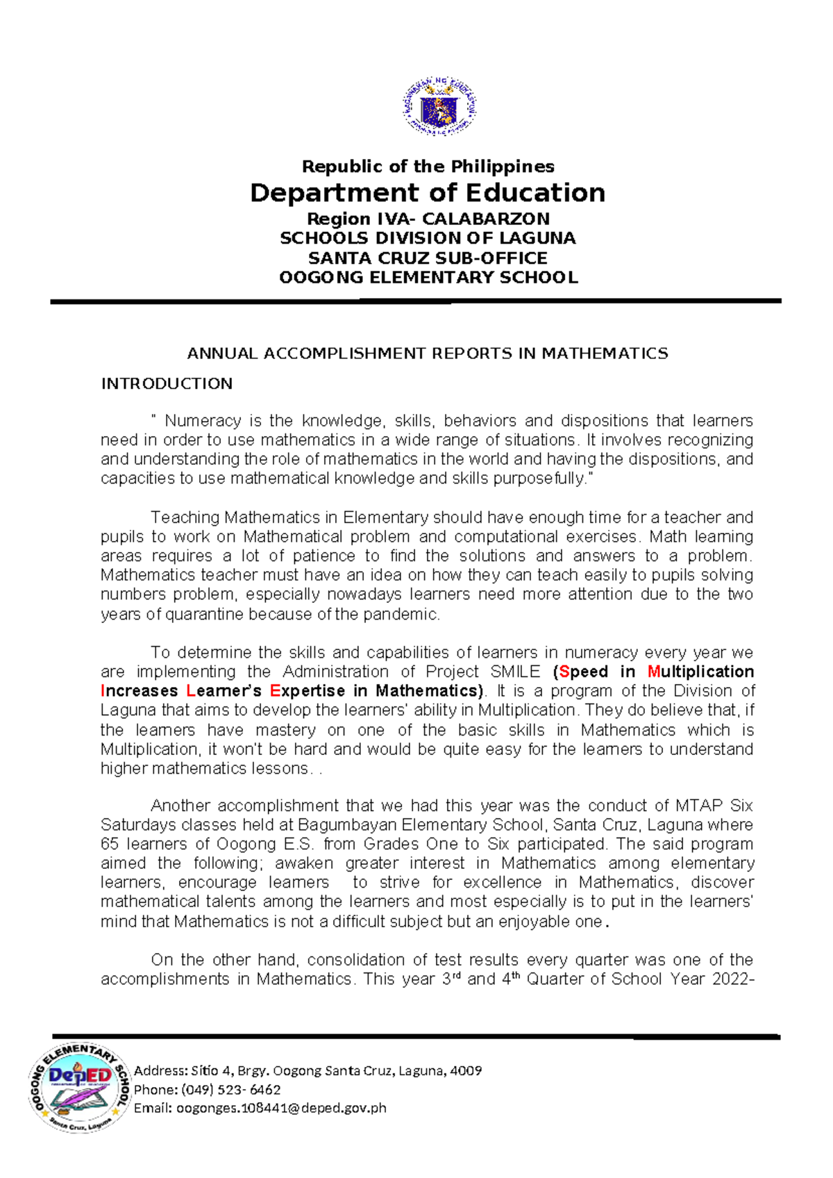 Annual Mathematics Accomplishment Report SY 2022-2023 & 2023-2024 - Studocu