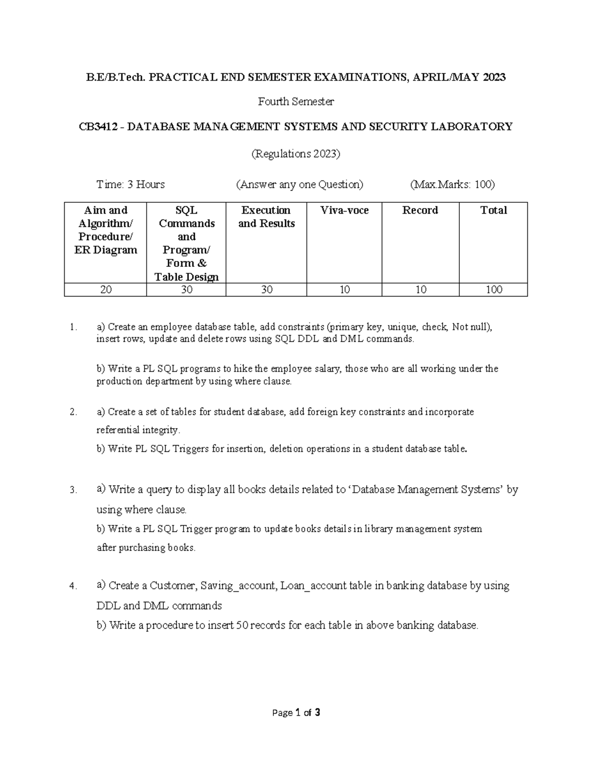 CS3481 DATABASE MANAGEMENT SYSTEMS LAB - END SEMESTER EXAM 2023 - Studocu