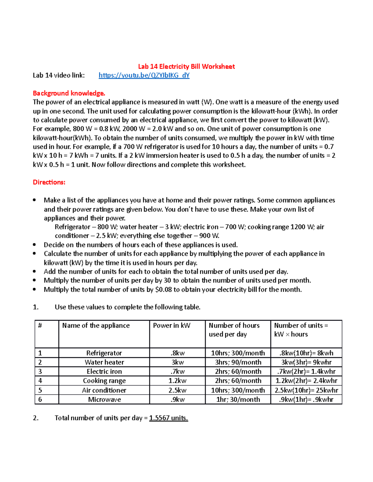 Lab 14 Electricity Bill Worksheet - Lab 14 Electricity Bill Worksheet ...