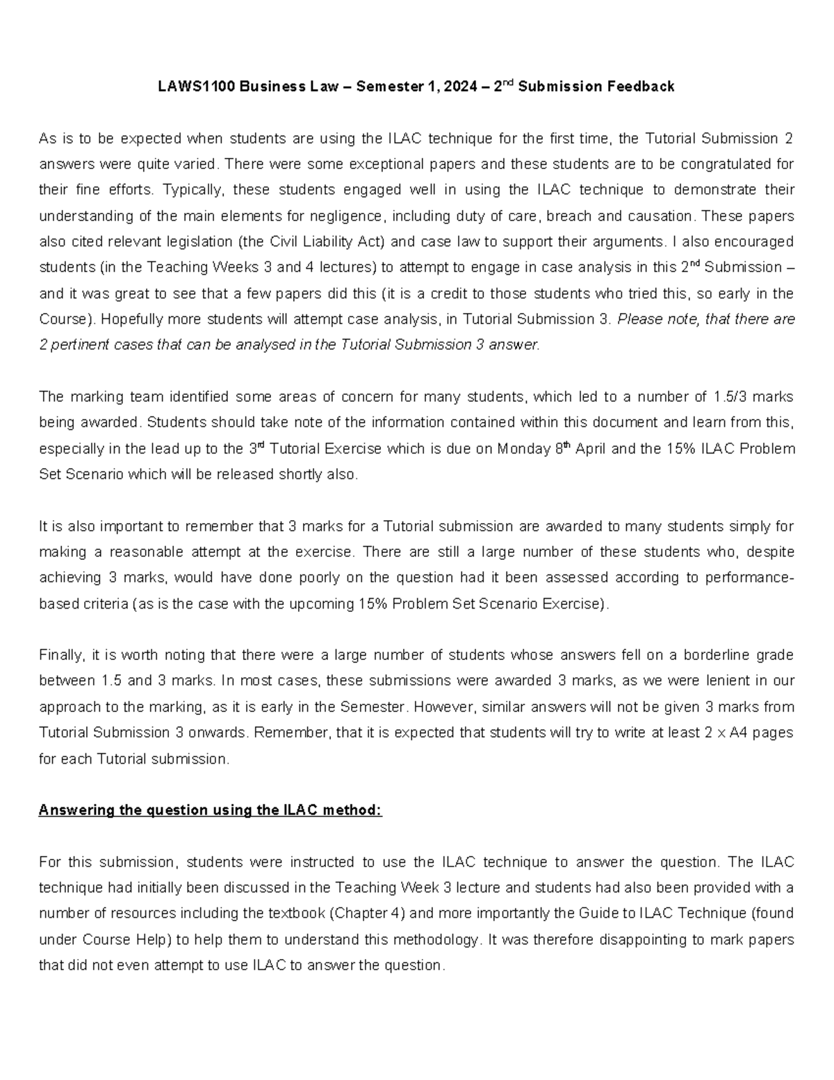 LAWS1100 Business Law - Tutorial Submission 2 Feedback Sem 1 2024 - Studocu