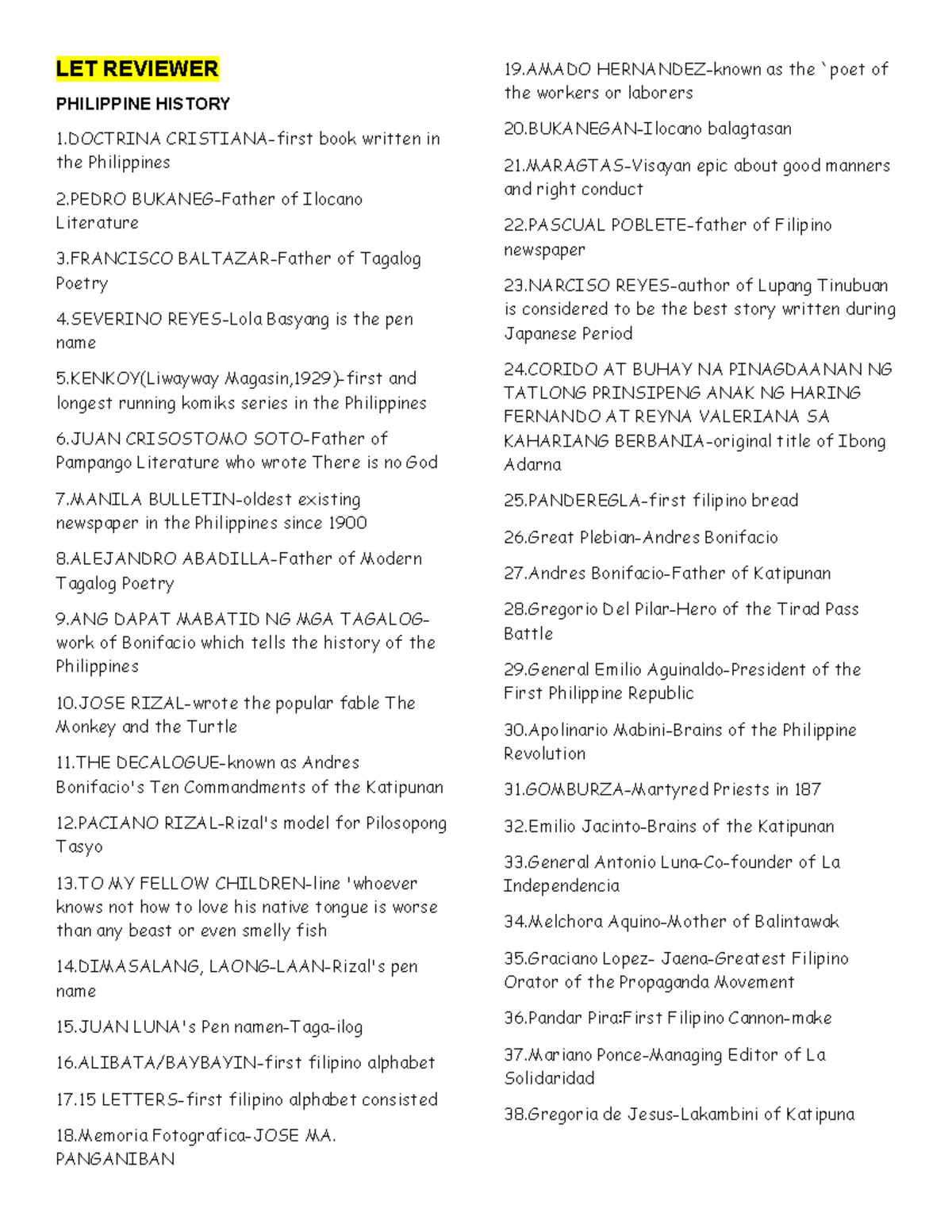 LET - Philippine History and World History Reviewer Notes - Studocu