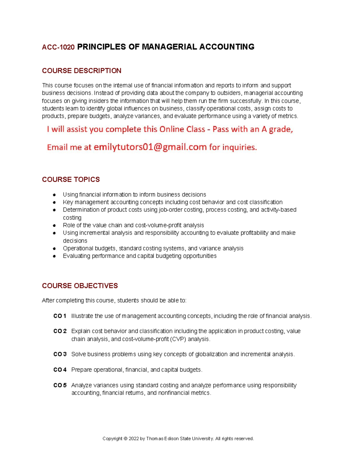 ACC 1020 Principles of Managerial Accounting Course Overview - Studocu