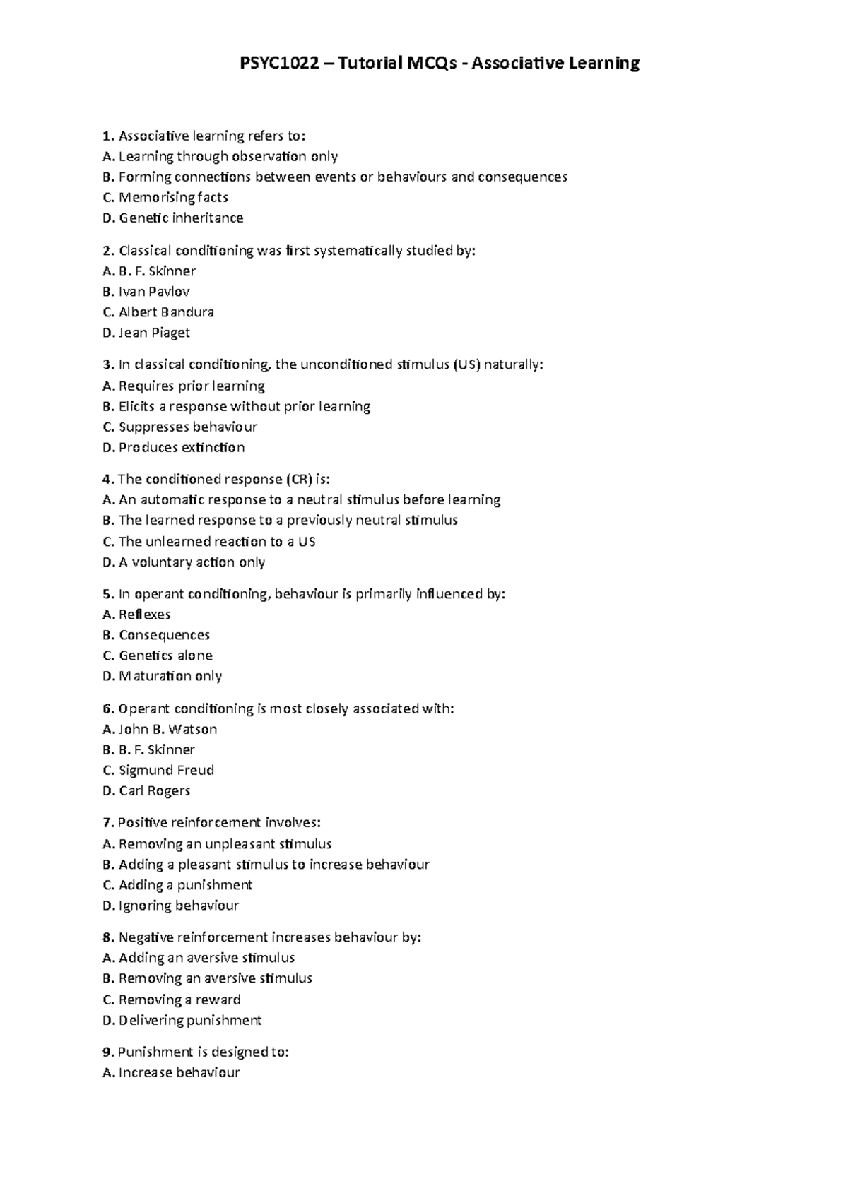PSYC1022 Tutorial MCQs on Associative Learning Concepts - Studocu