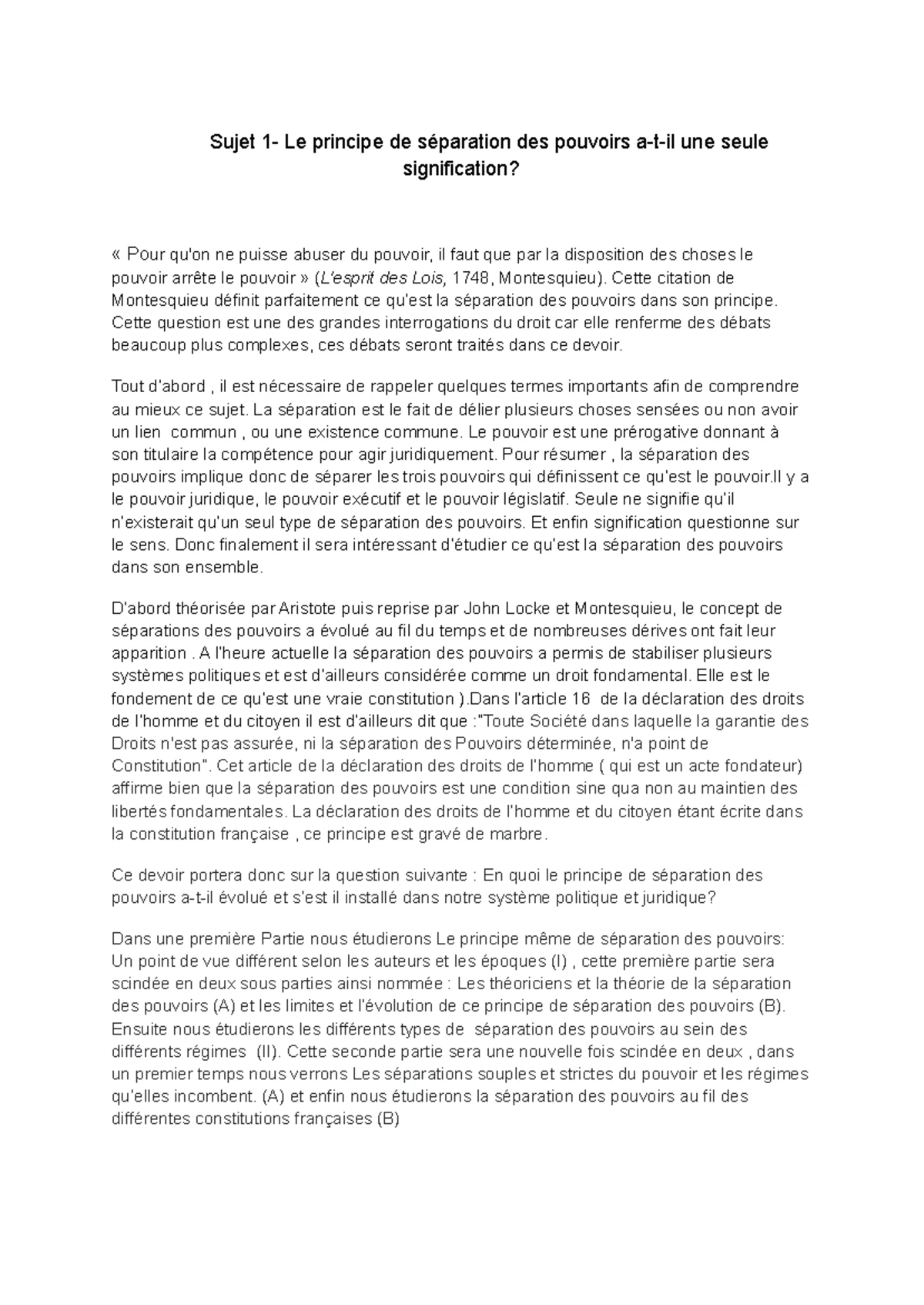 Droit Constitutionnel : Dissertation sur la Séparation des Pouvoirs en France - Studocu